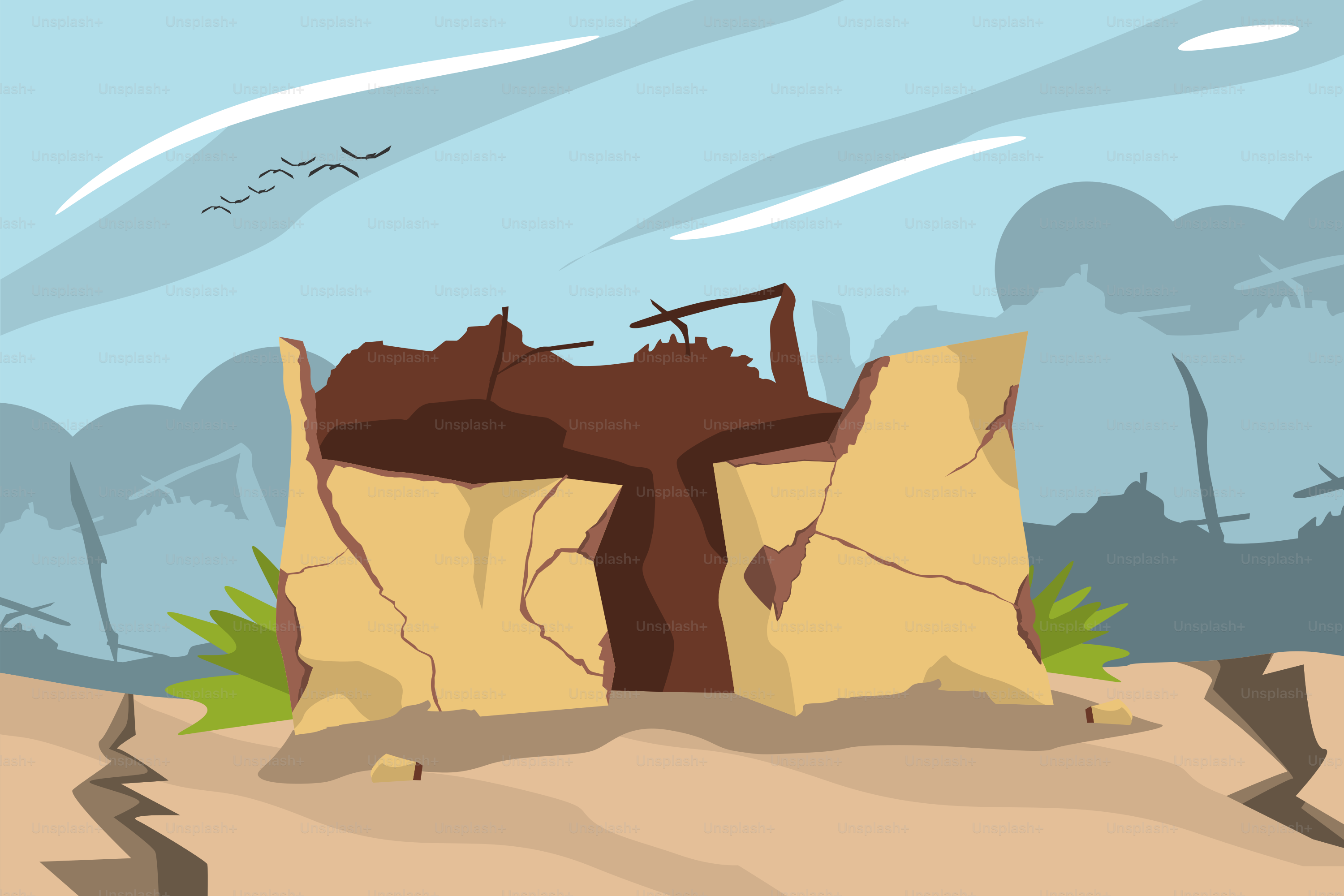 A cartoon scene of a desert with a cave vector – Earthquake Image on ...