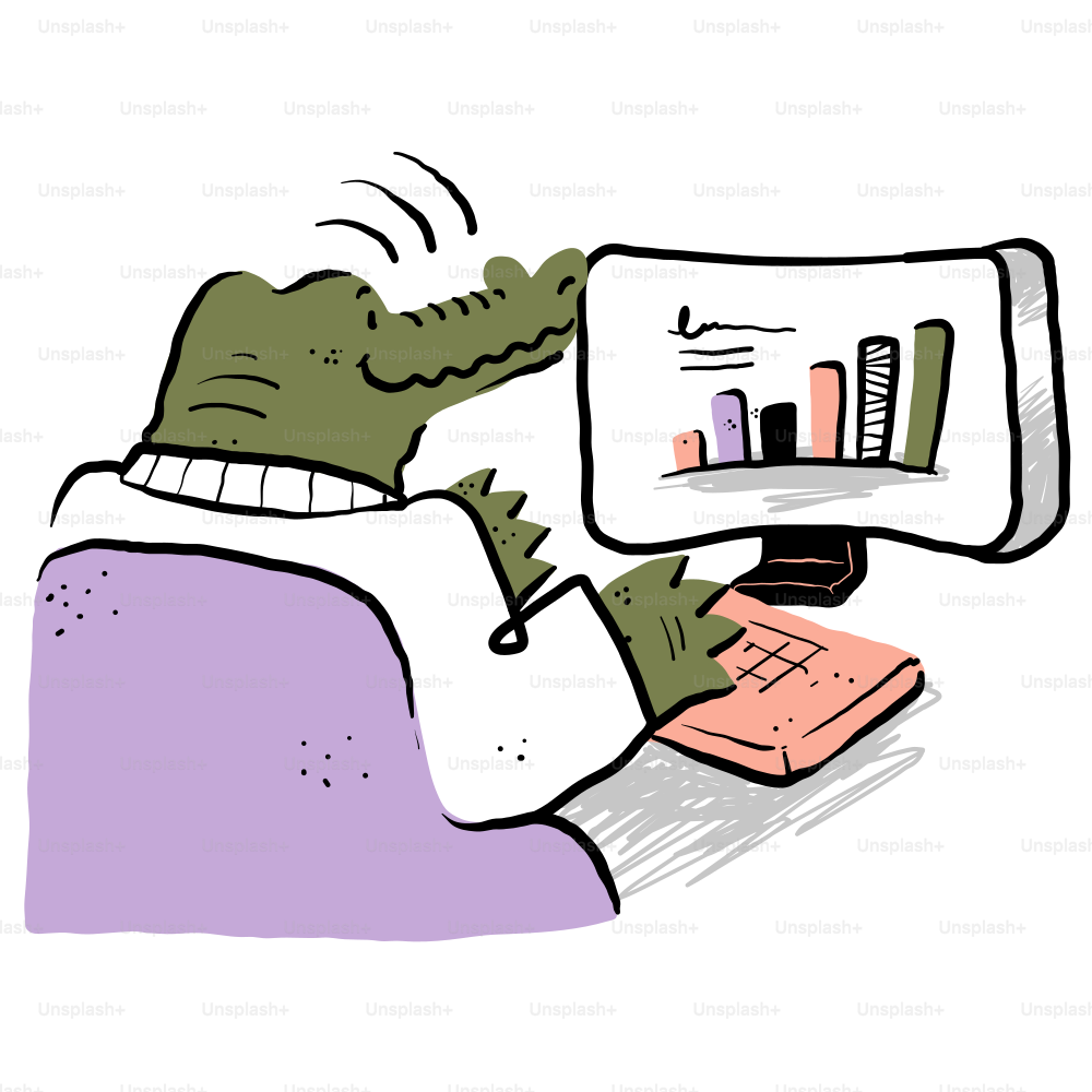 A cartoon of a crocodile looking at a computer screen vector – Keyboard ...