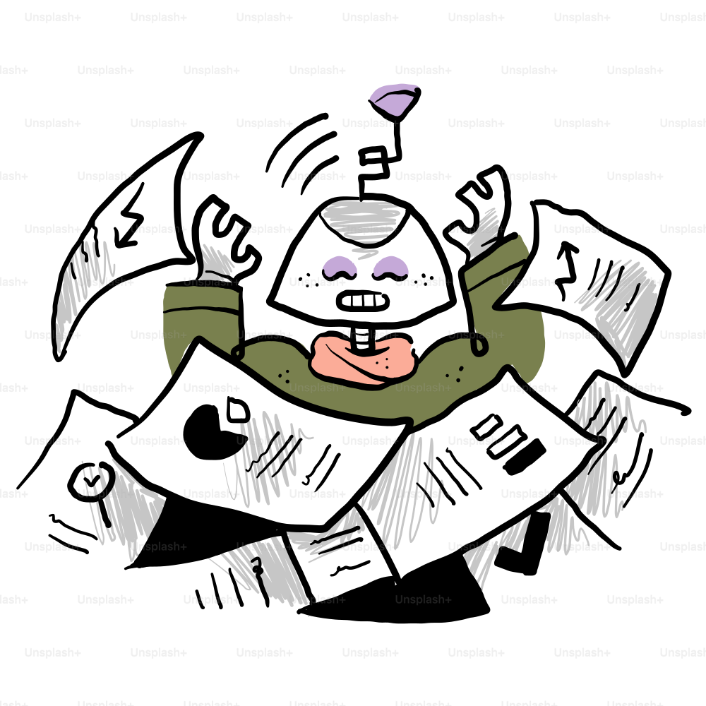 A drawing of a cartoon character surrounded by papers vector ...