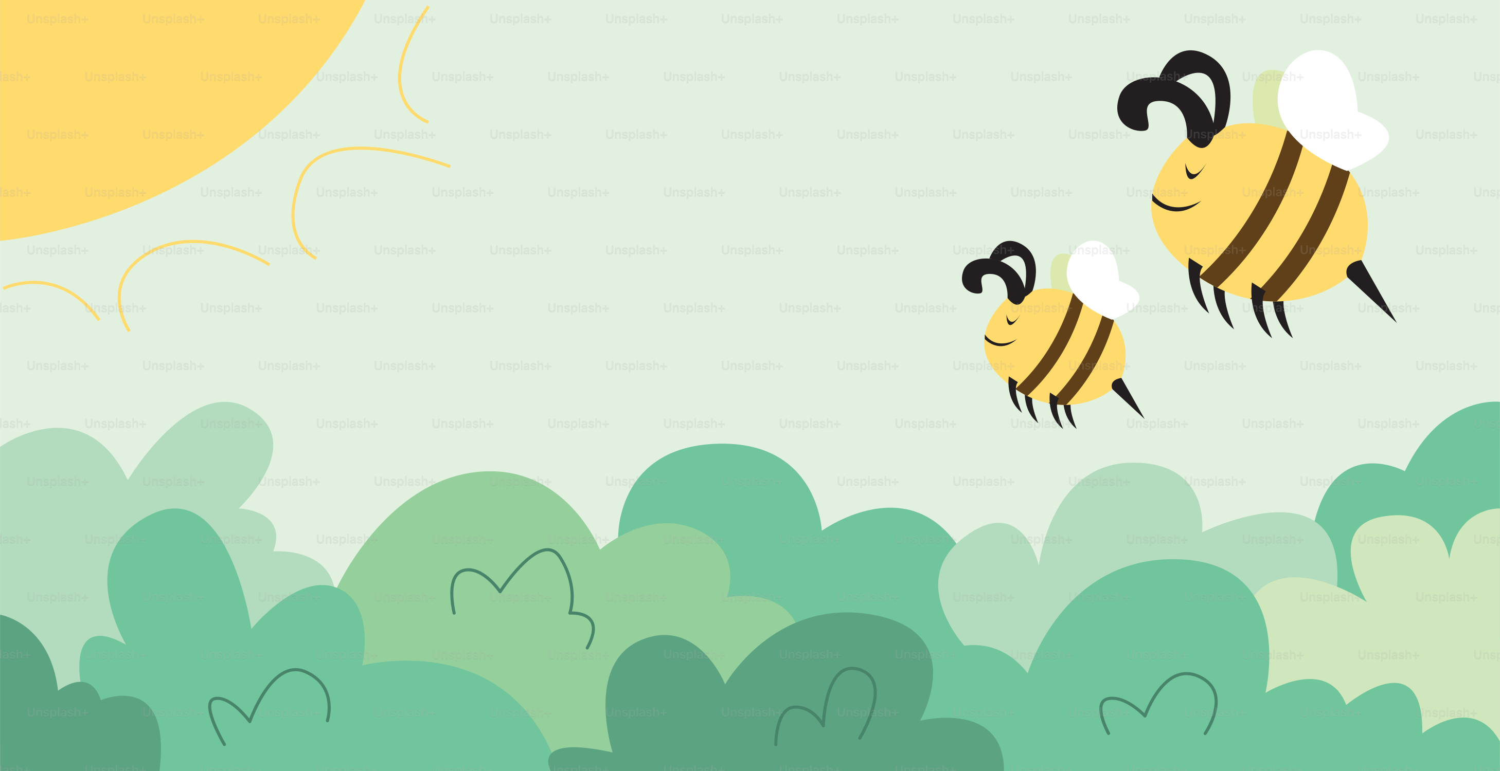 A couple of bees flying over a lush green field vector – Background ...