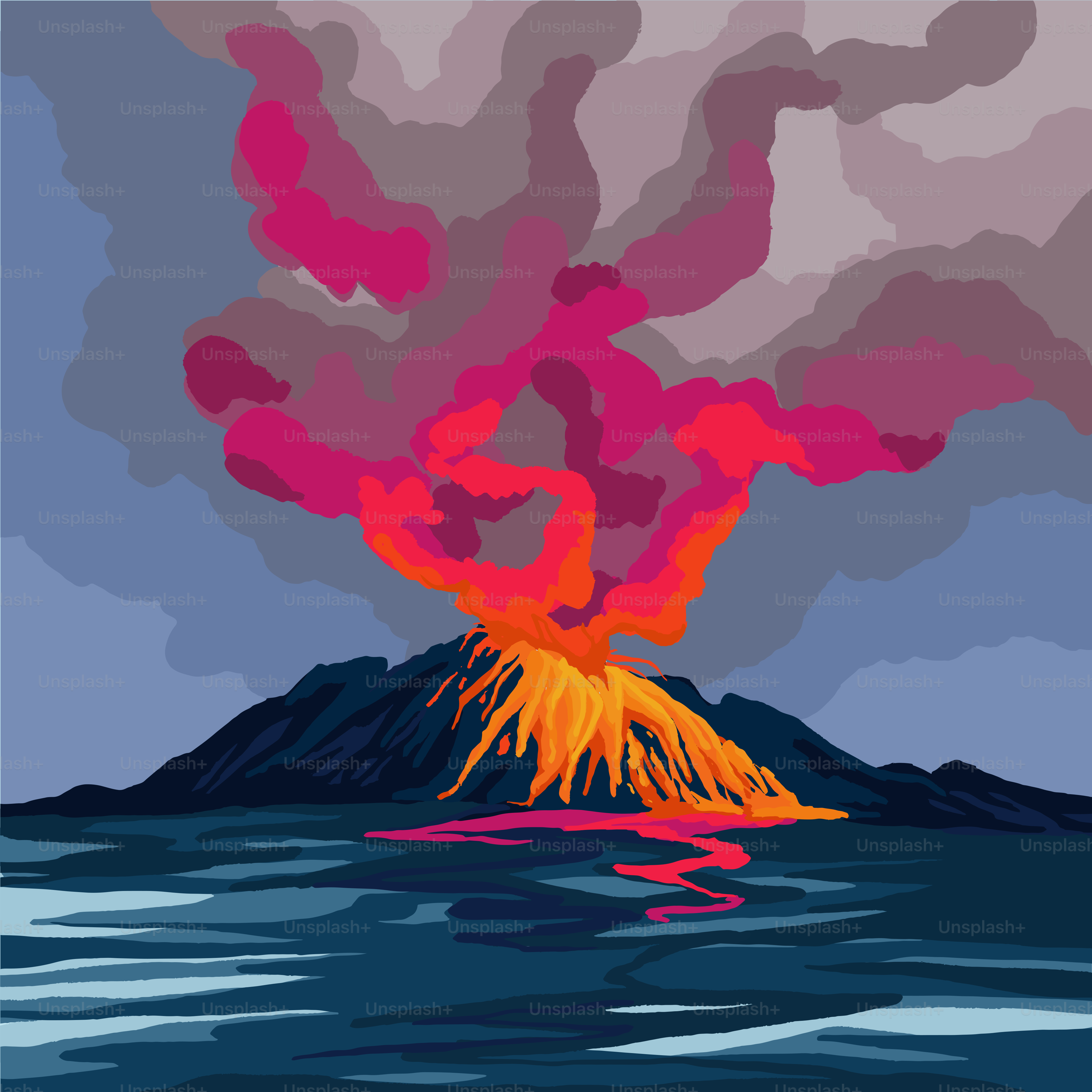 A painting of a volcano spewing lava into the ocean vector – Sea Image ...