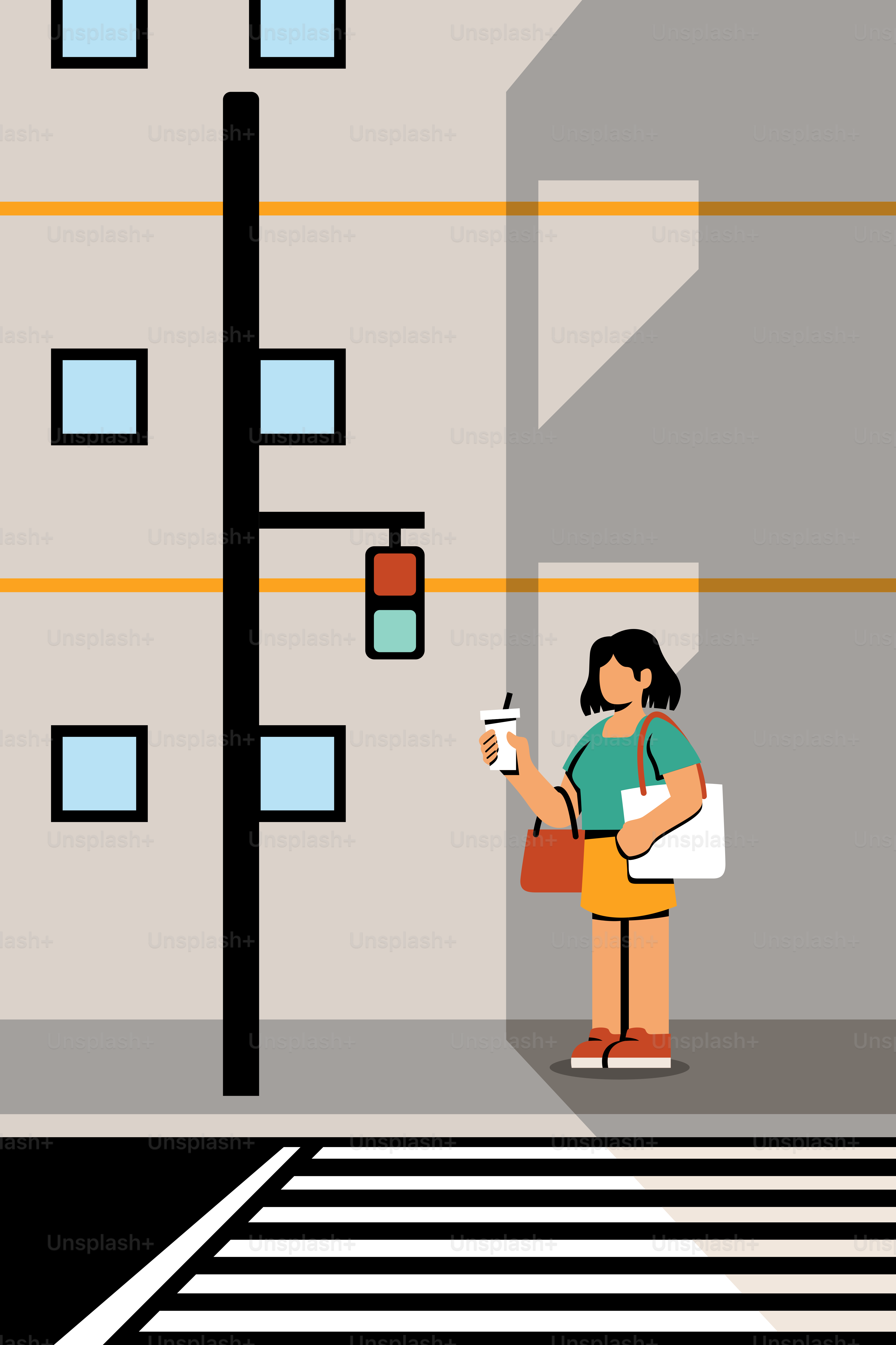 Vektor Seorang wanita berjalan di jalan di sebelah gedung tinggi ...