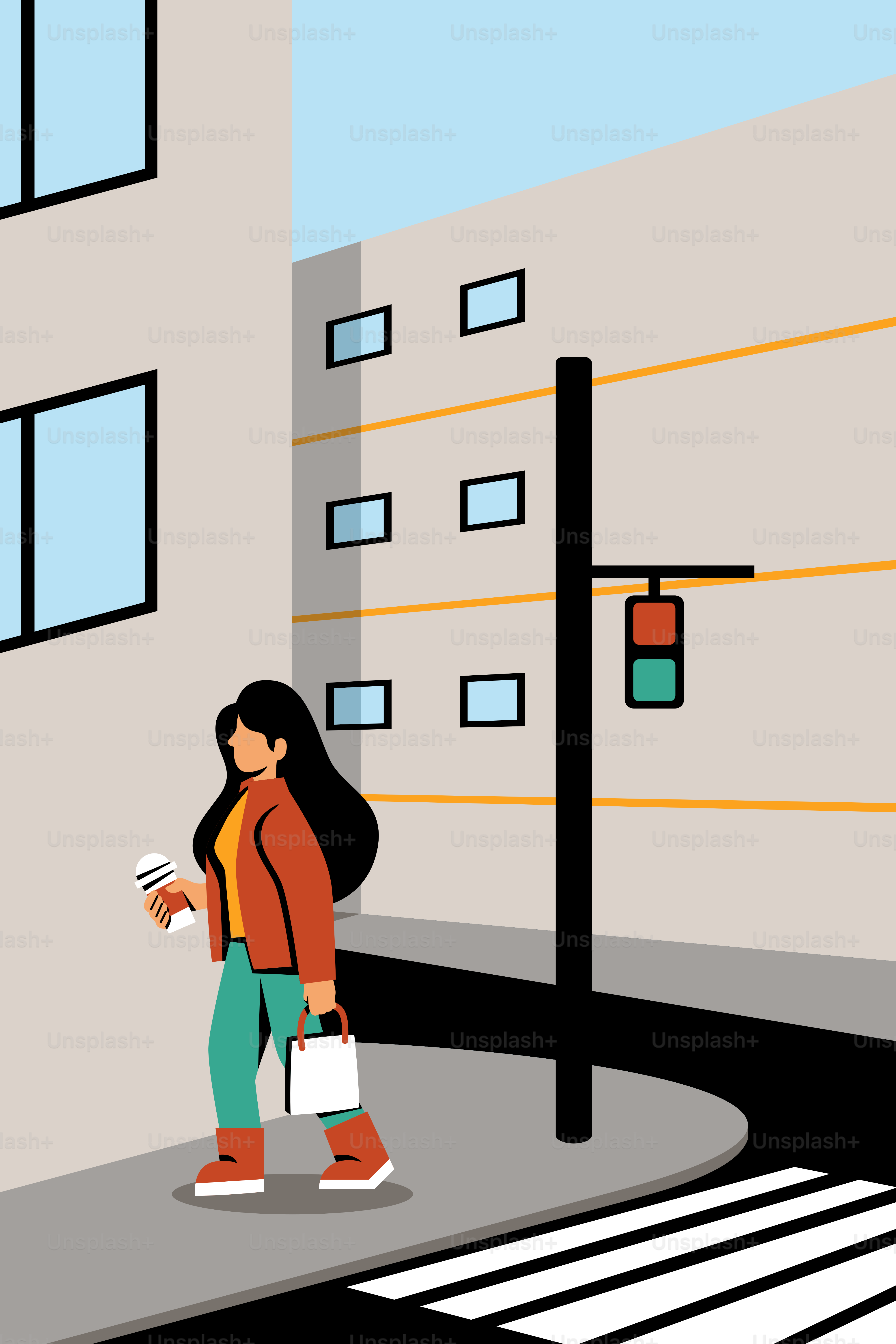 Vektor Seorang wanita berjalan di jalan di sebelah gedung tinggi ...