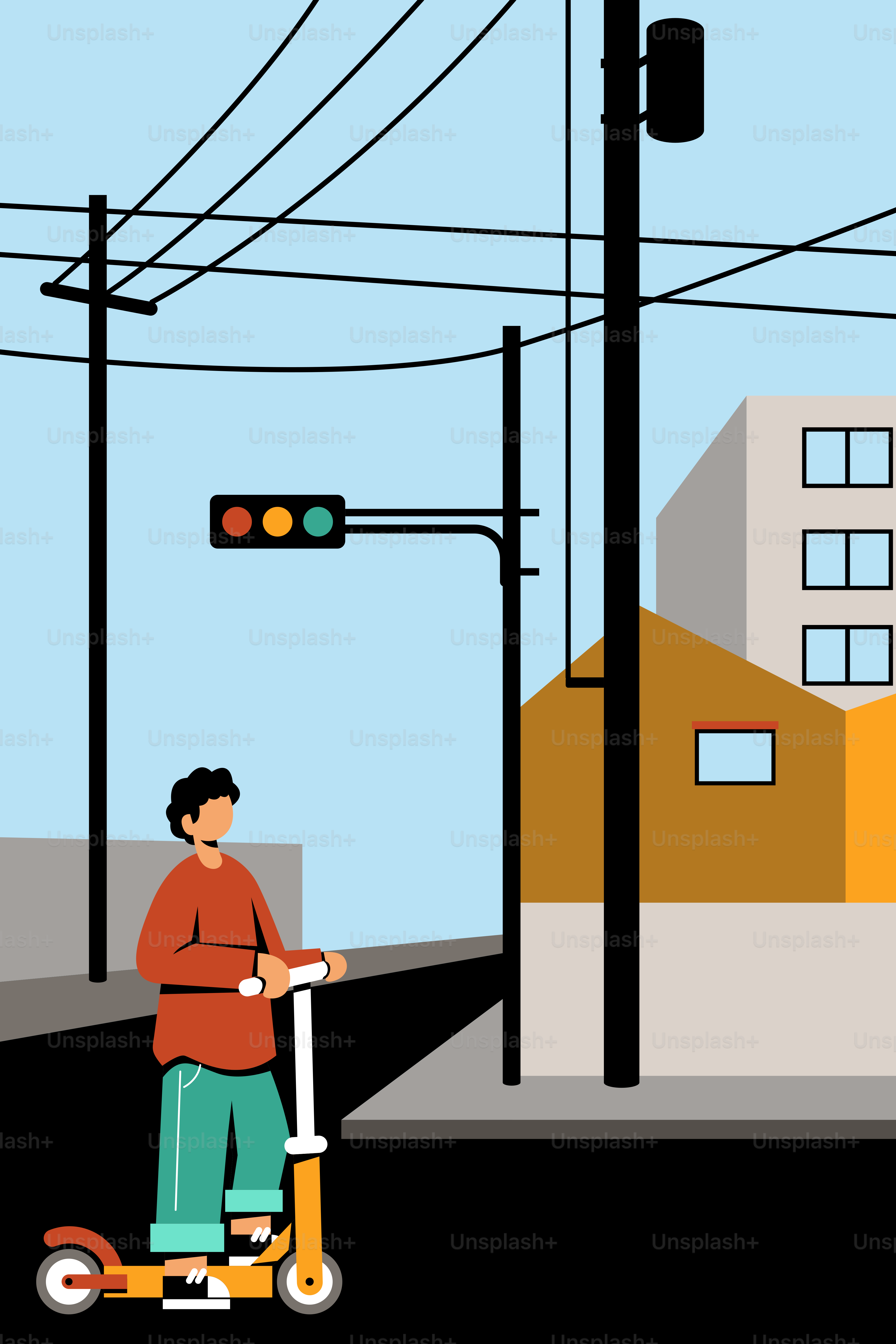 Vektor Seorang wanita berjalan di jalan di sebelah gedung tinggi ...