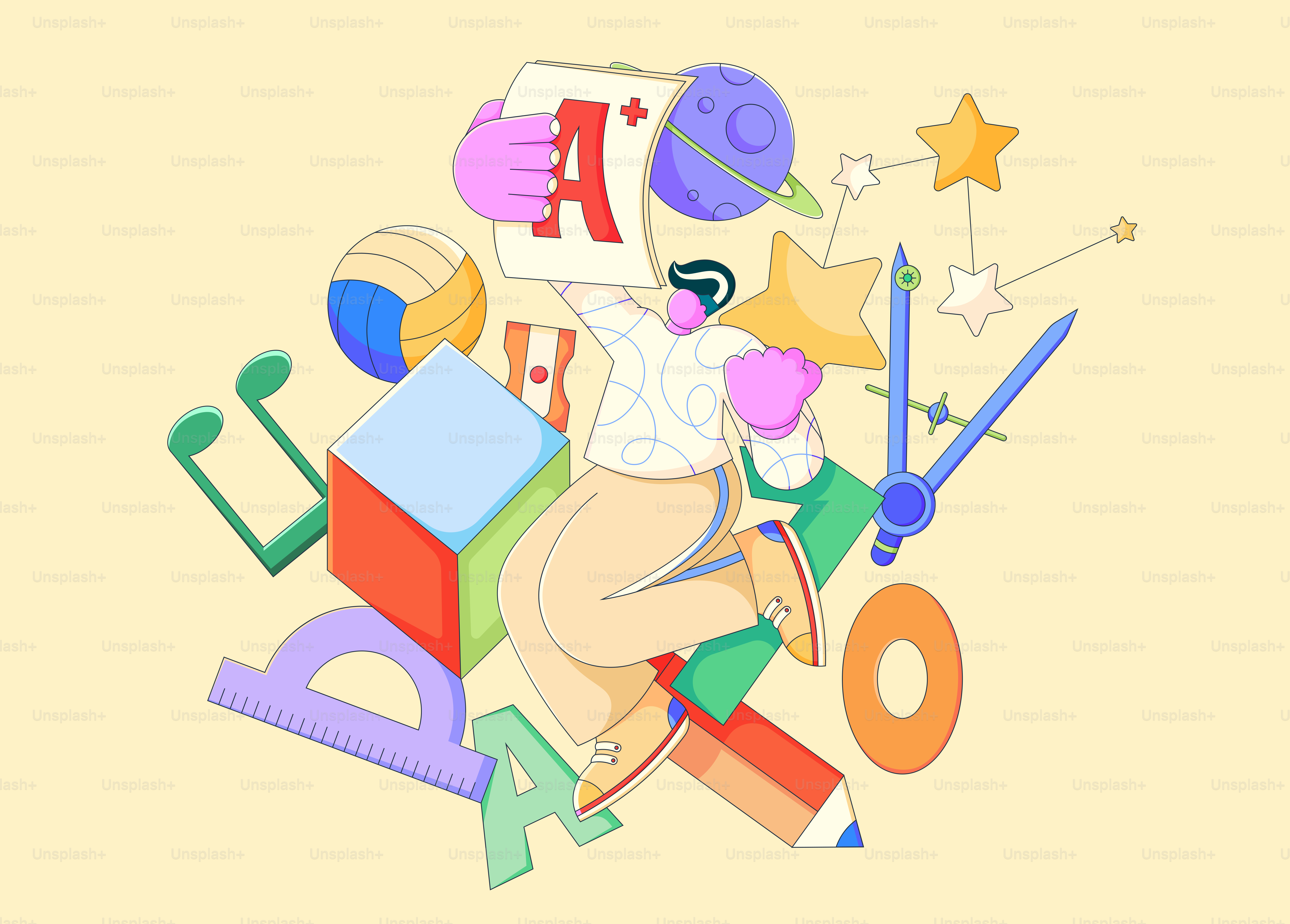 A cartoon character surrounded by toys and letters vector – Boy jumping ...