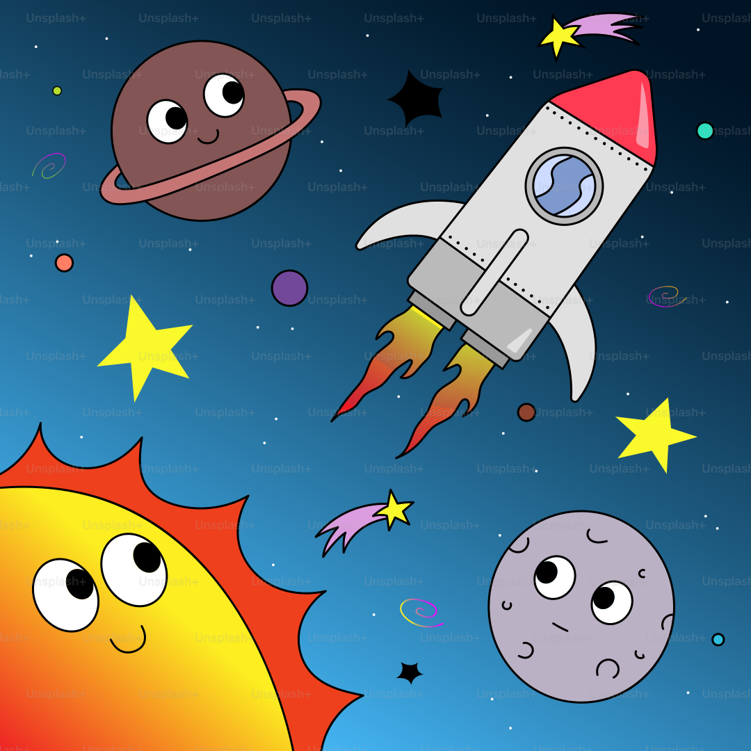 An image of a cartoon space scene with a rocket and planets vector ...