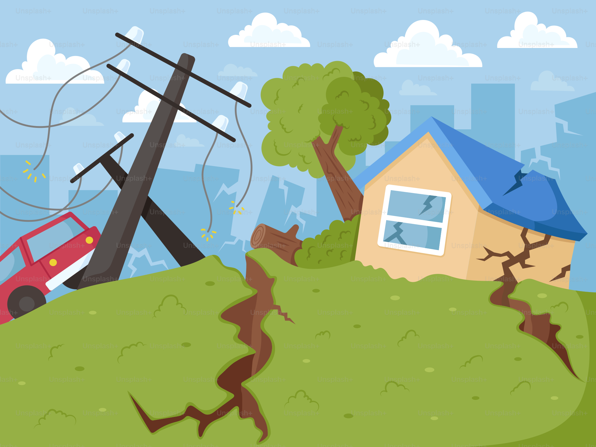 Una casa que ha sido alcanzada por una línea eléctrica vector – Imagen ...