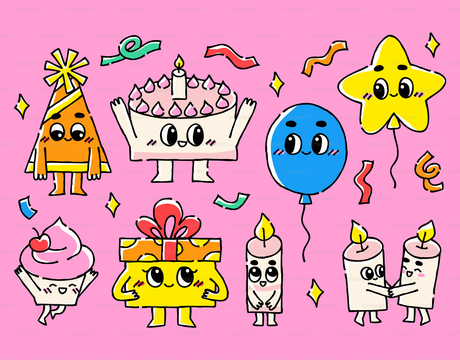 A group of cartoon characters holding balloons and gifts vector ...