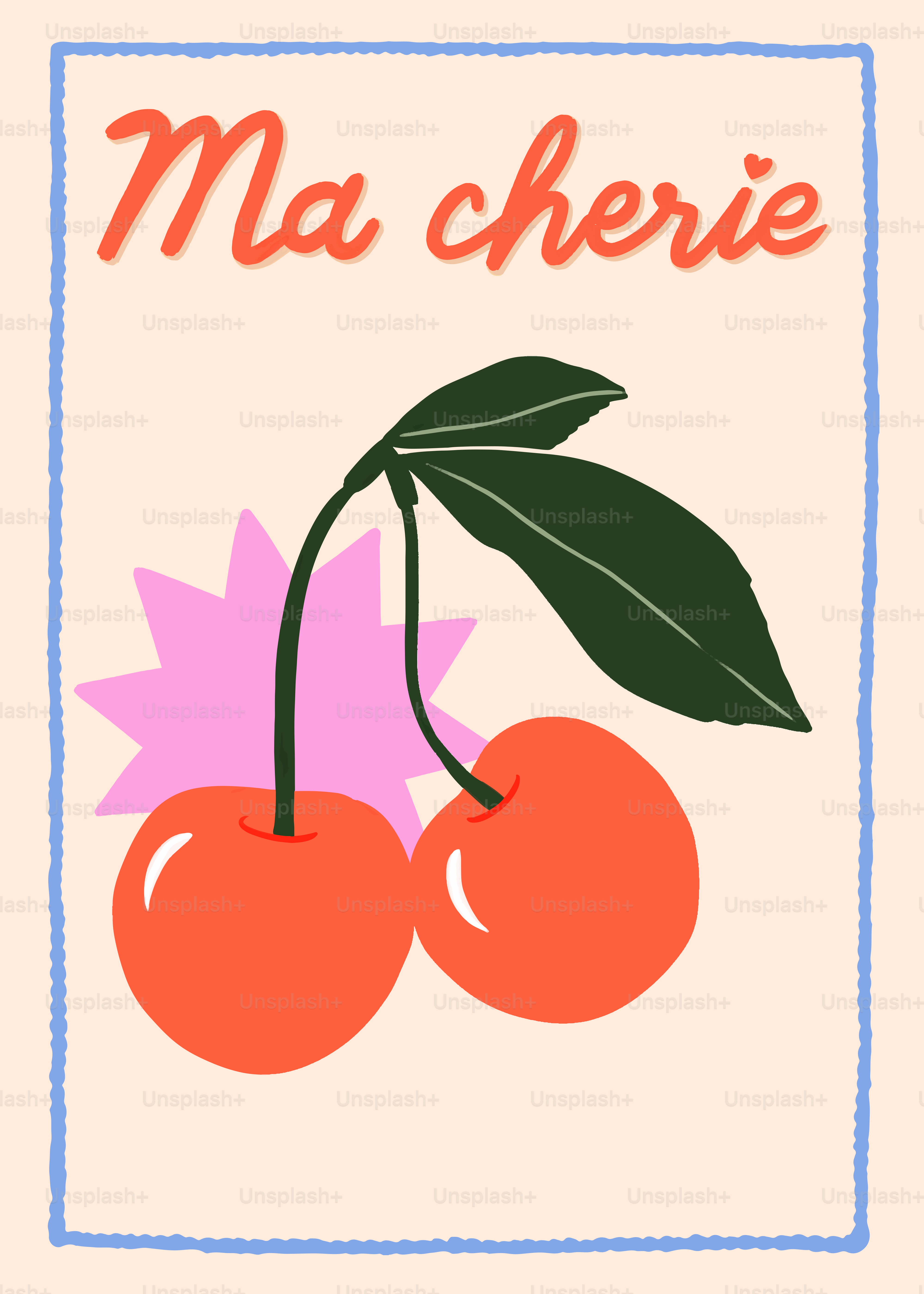 A card with a picture of two cherries on it vector – Ma cherie Image on ...