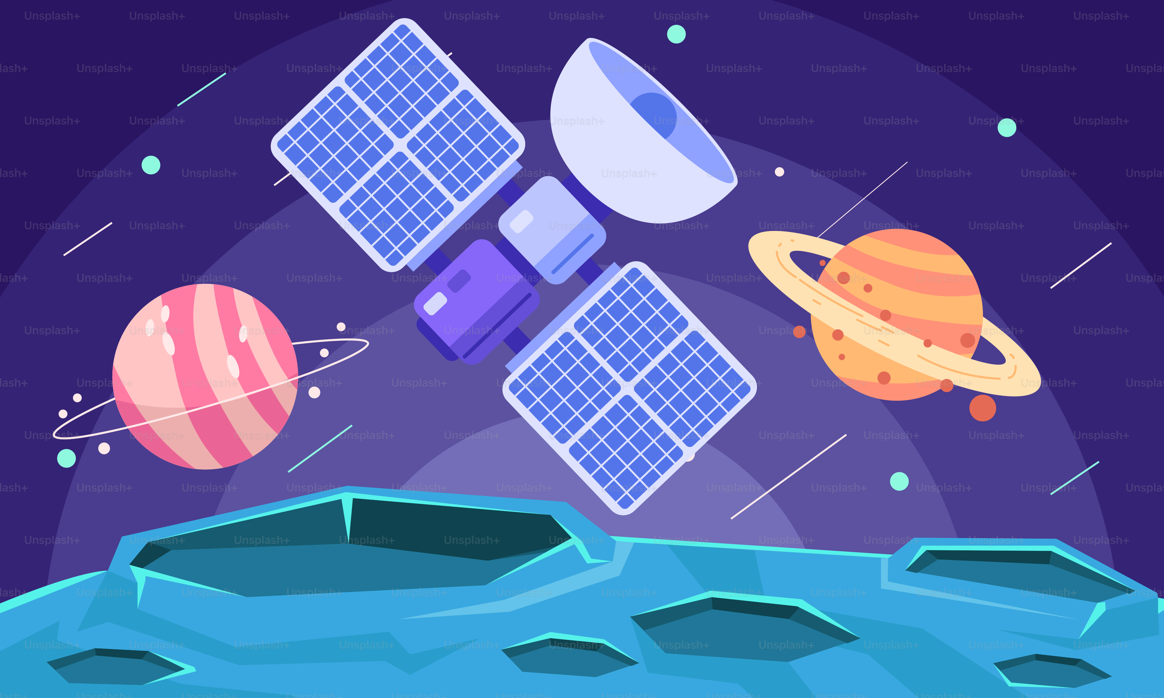 Vektor Pemandangan luar angkasa dengan satelit dan planet – Gambar ...