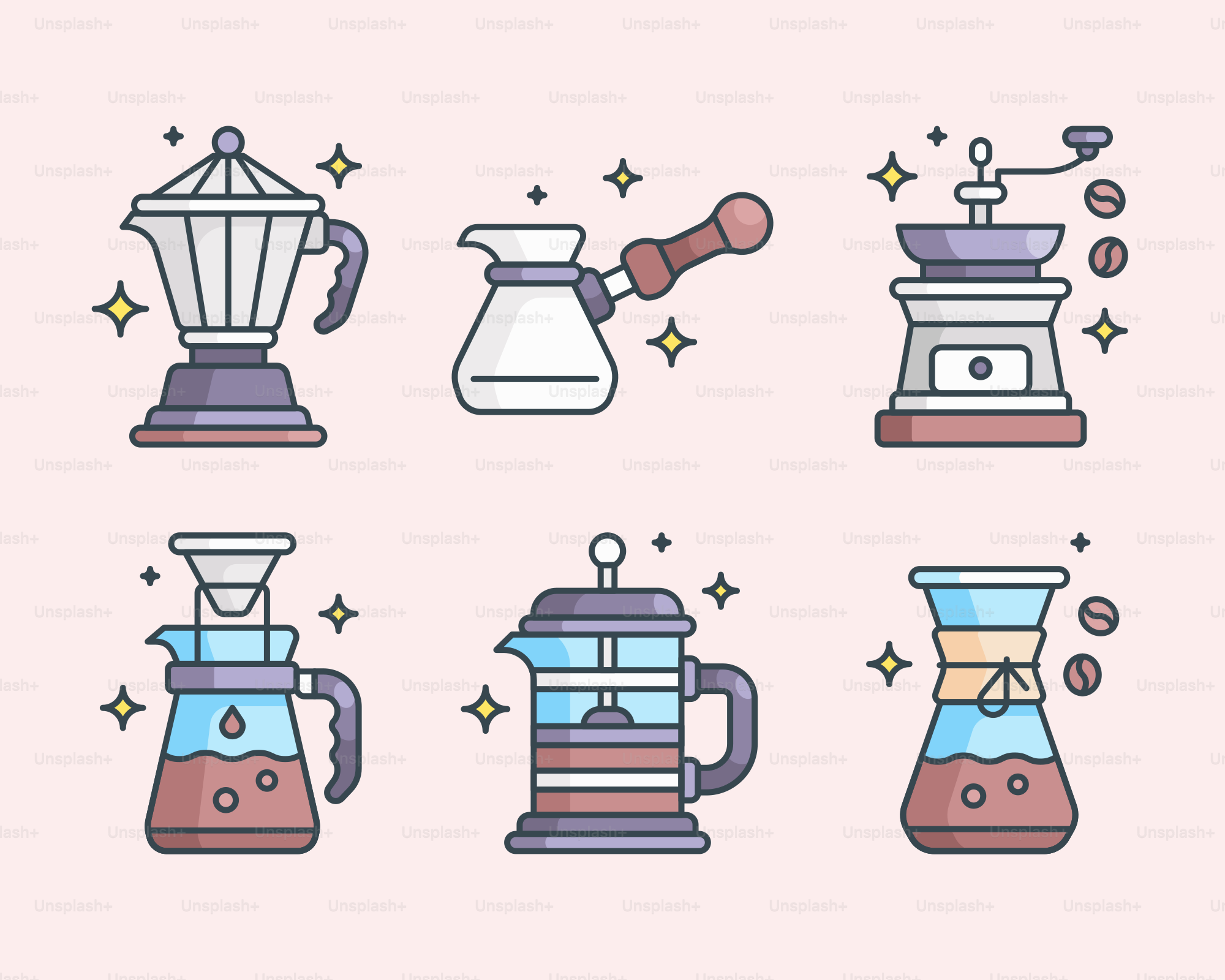 Un ensemble d’icônes de cafetière sur un fond rose vectoriel – Image de ...