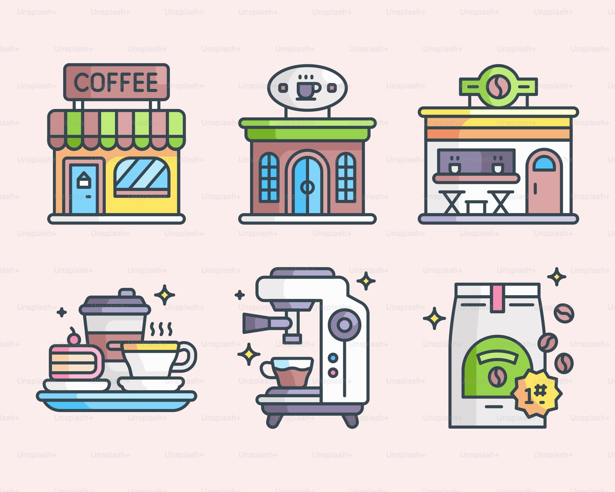 A set of different types of coffee shops vector – Espresso machine ...