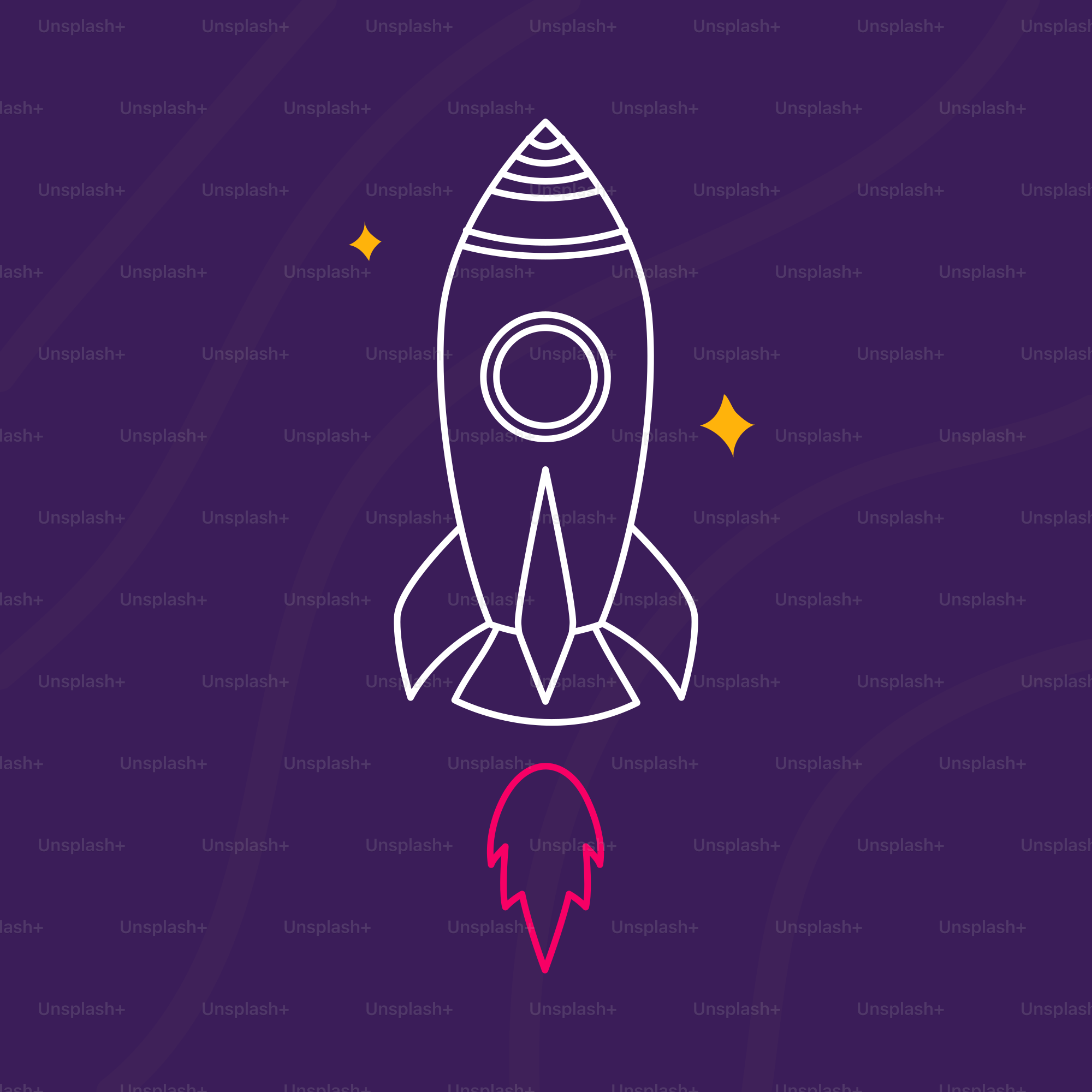 A purple background with a white line drawing of a rocket ship vector ...