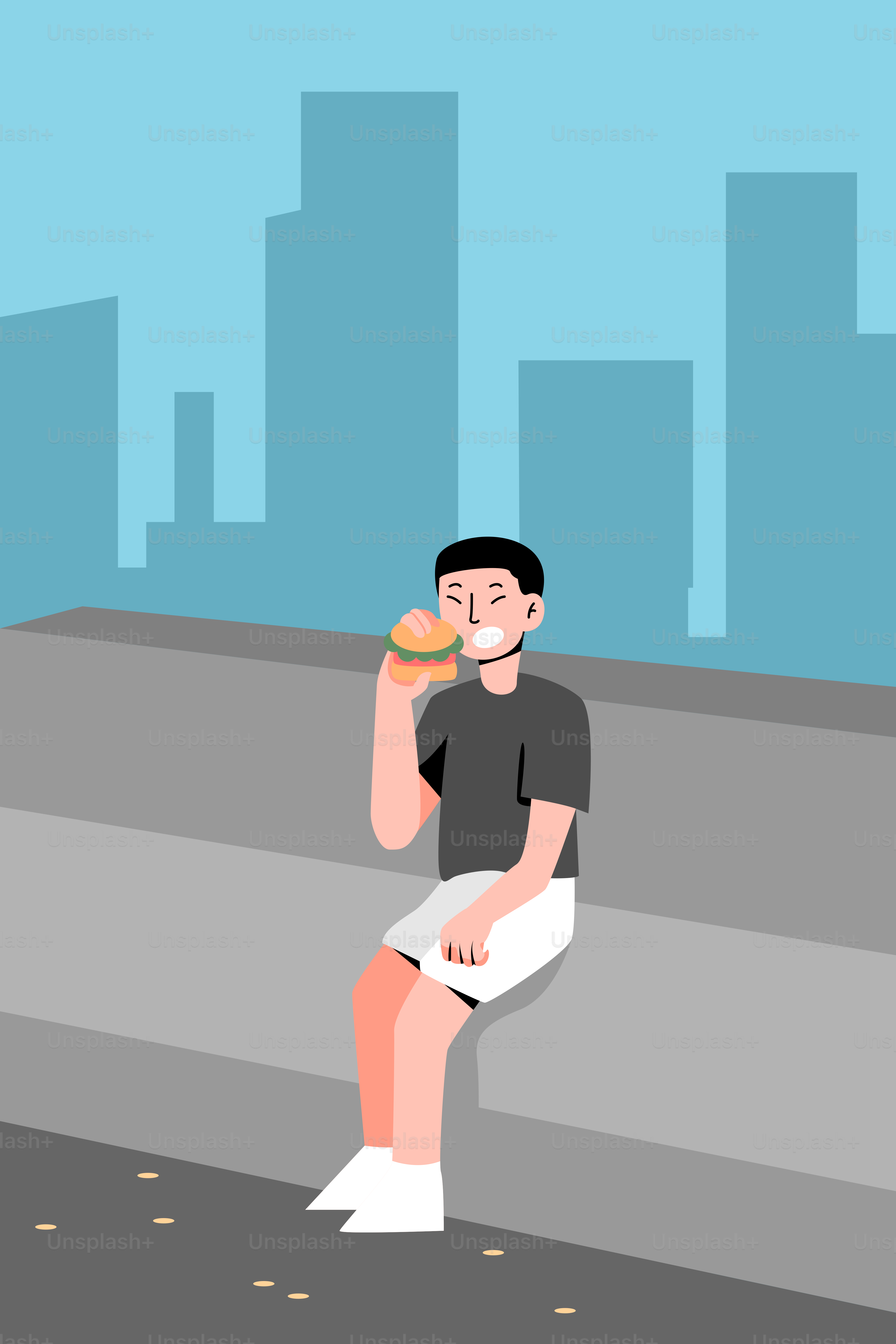 A man sitting on a ledge eating a donut vector – Wallpaper Image on ...