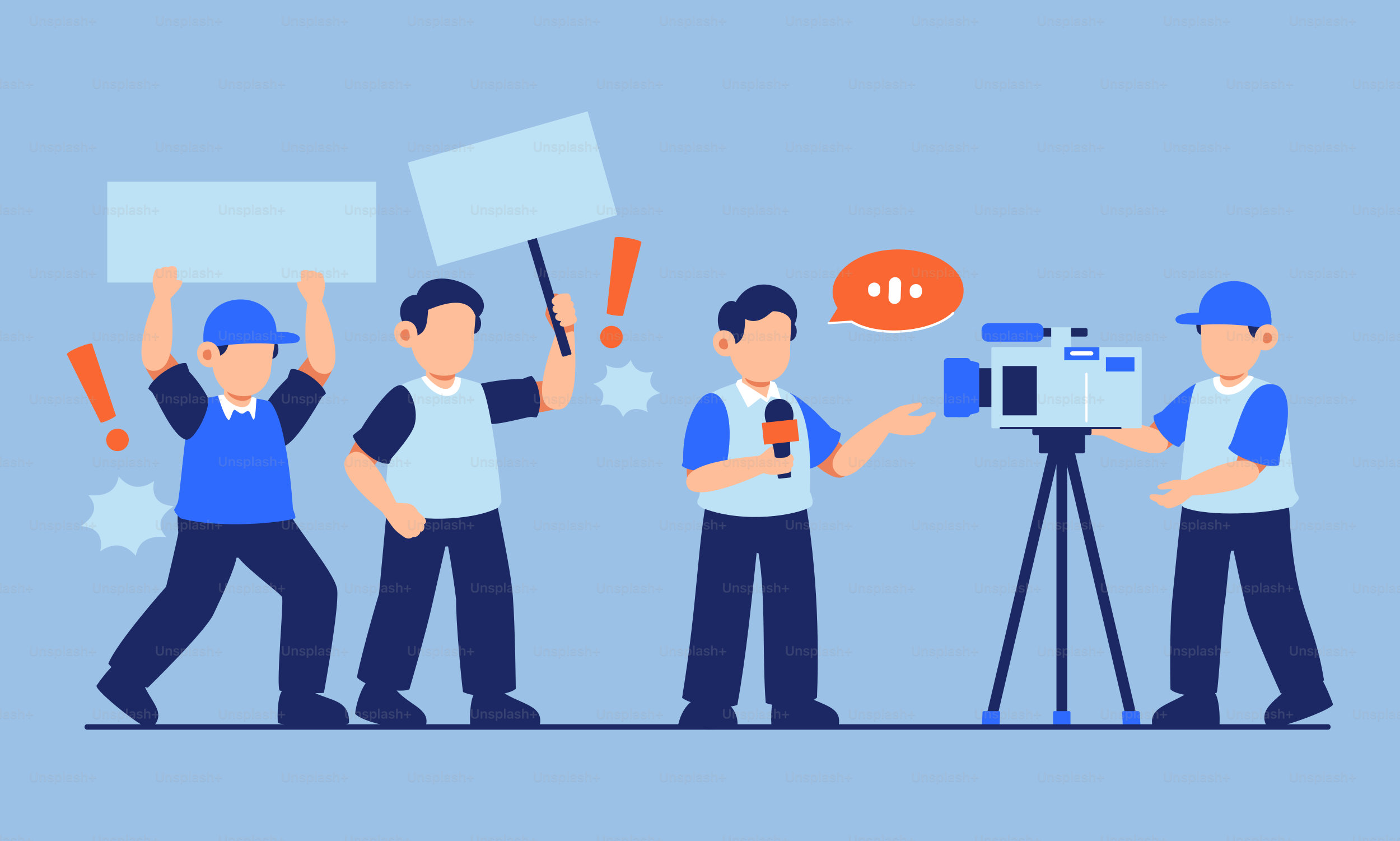 A group of people holding signs and a camera vector – Illustration ...