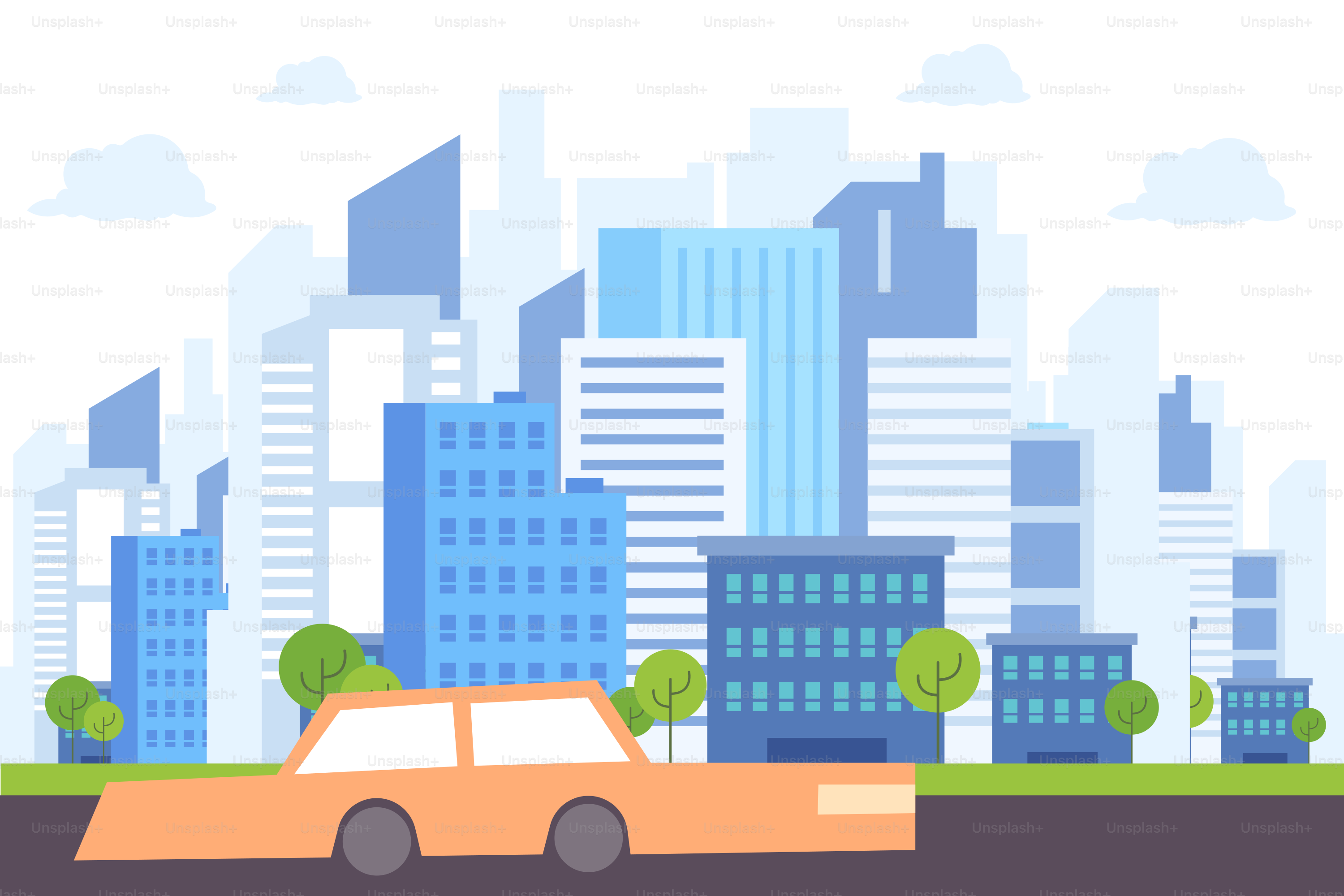 Vektor Sebuah mobil kuning melaju di jalan di sebelah gedung-gedung ...