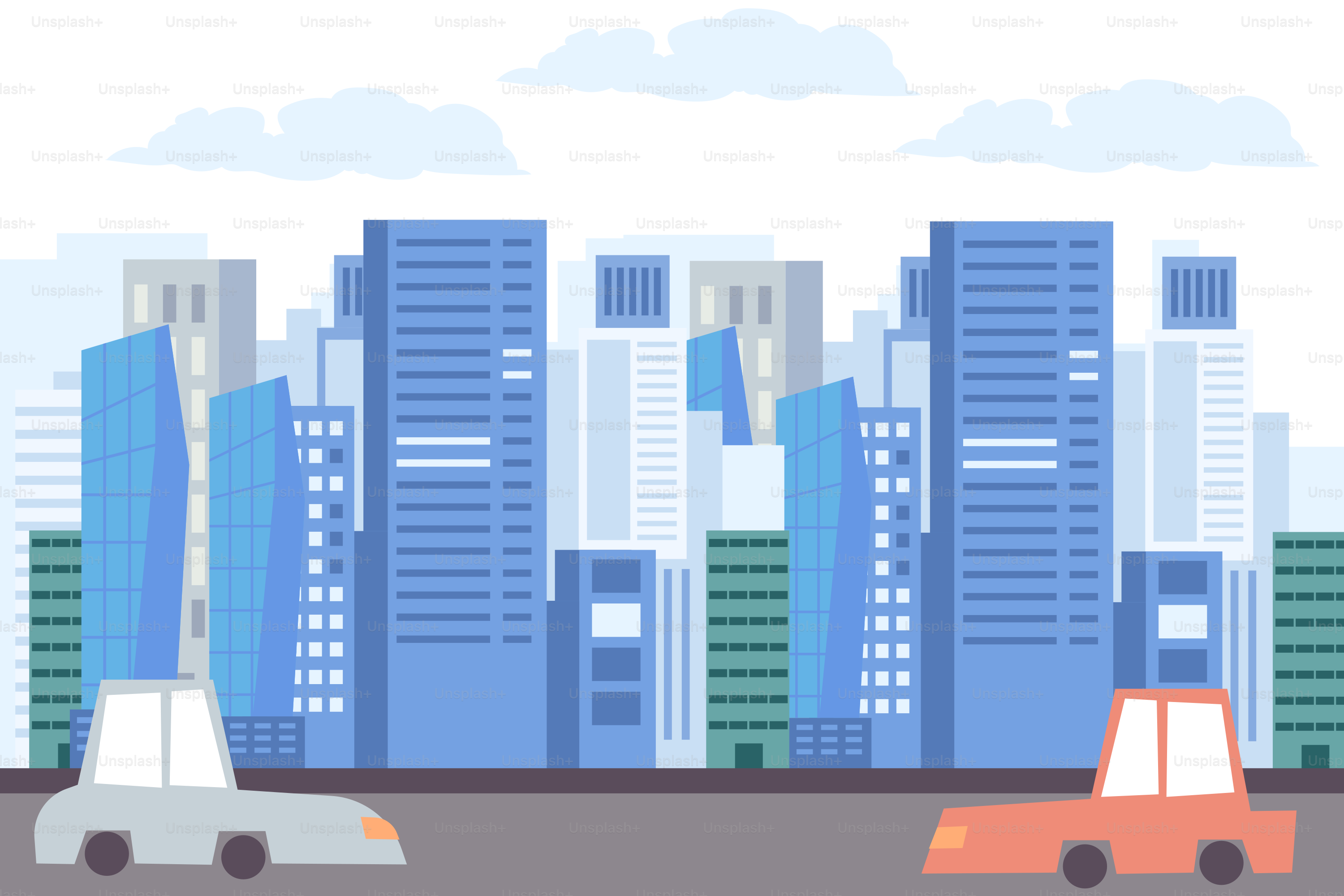 Vektor Kota dengan gedung-gedung tinggi dan mobil yang melaju di jalan ...