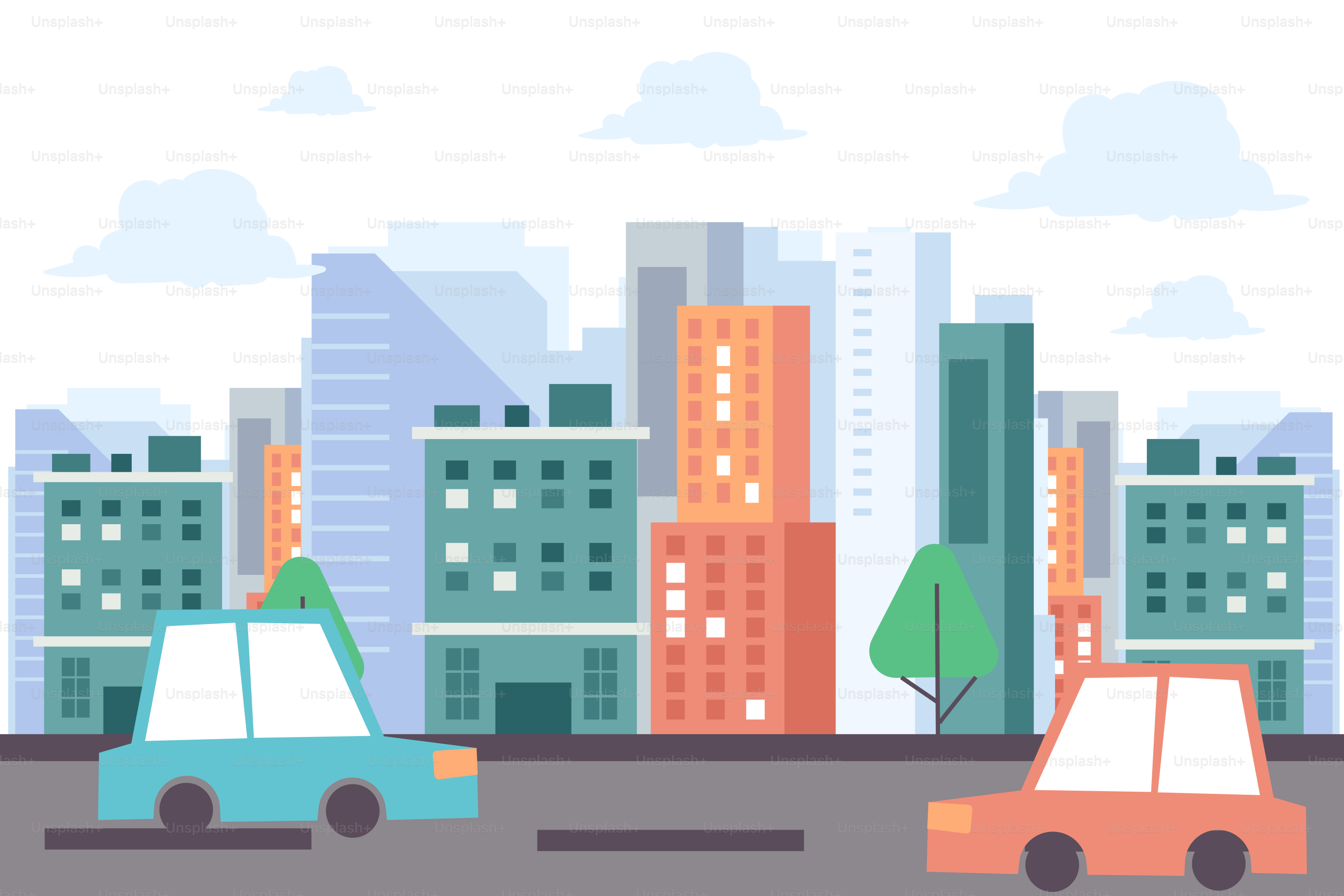 Vektor Beberapa mobil melaju di jalan di sebelah gedung-gedung tinggi ...