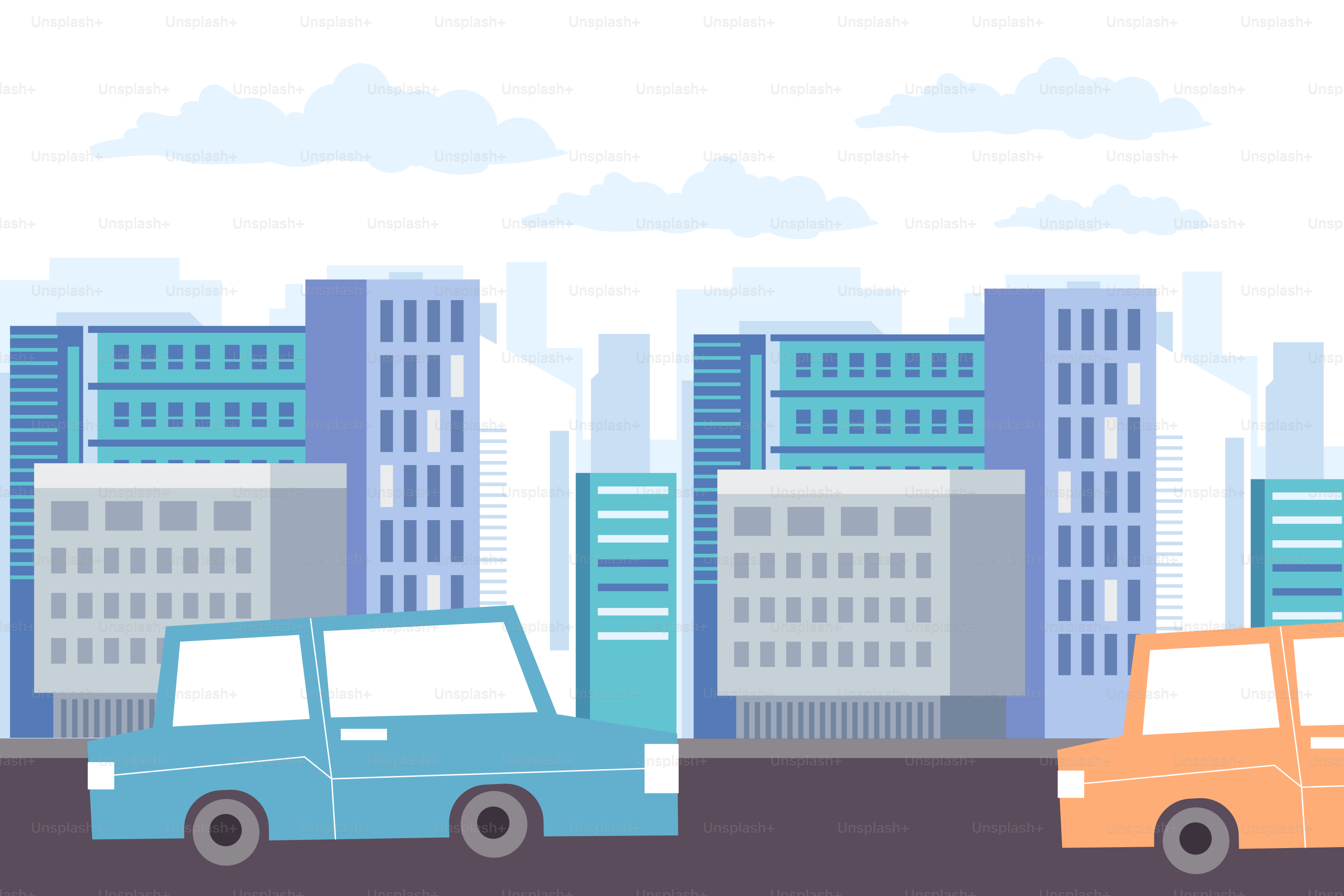 Vektor Beberapa mobil melaju di jalan di sebelah gedung-gedung tinggi ...