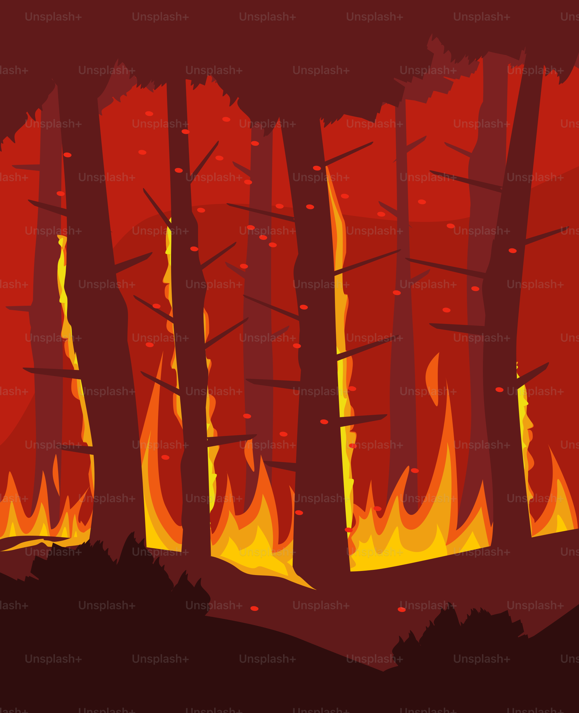 Vektor Hutan yang dipenuhi dengan banyak pohon yang tertutup api ...