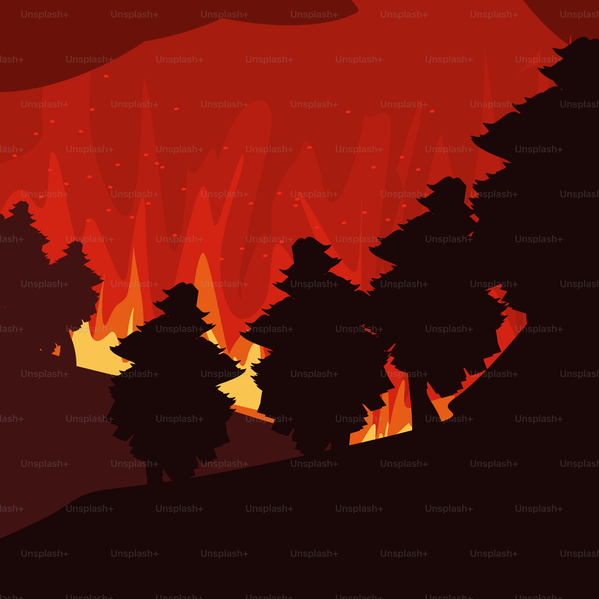 A red sky with trees and a fire in the background vector – Damaged ...