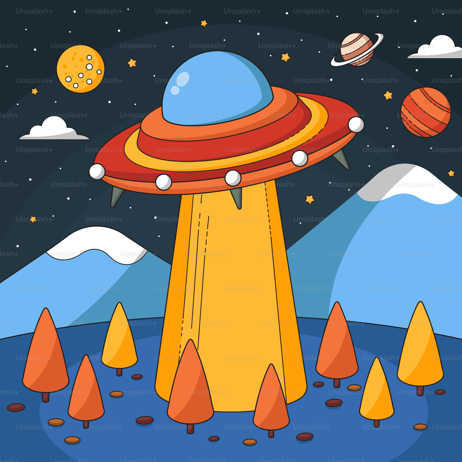 Vektor Ilustrasi pesawat ruang angkasa yang terbang melintasi langit ...