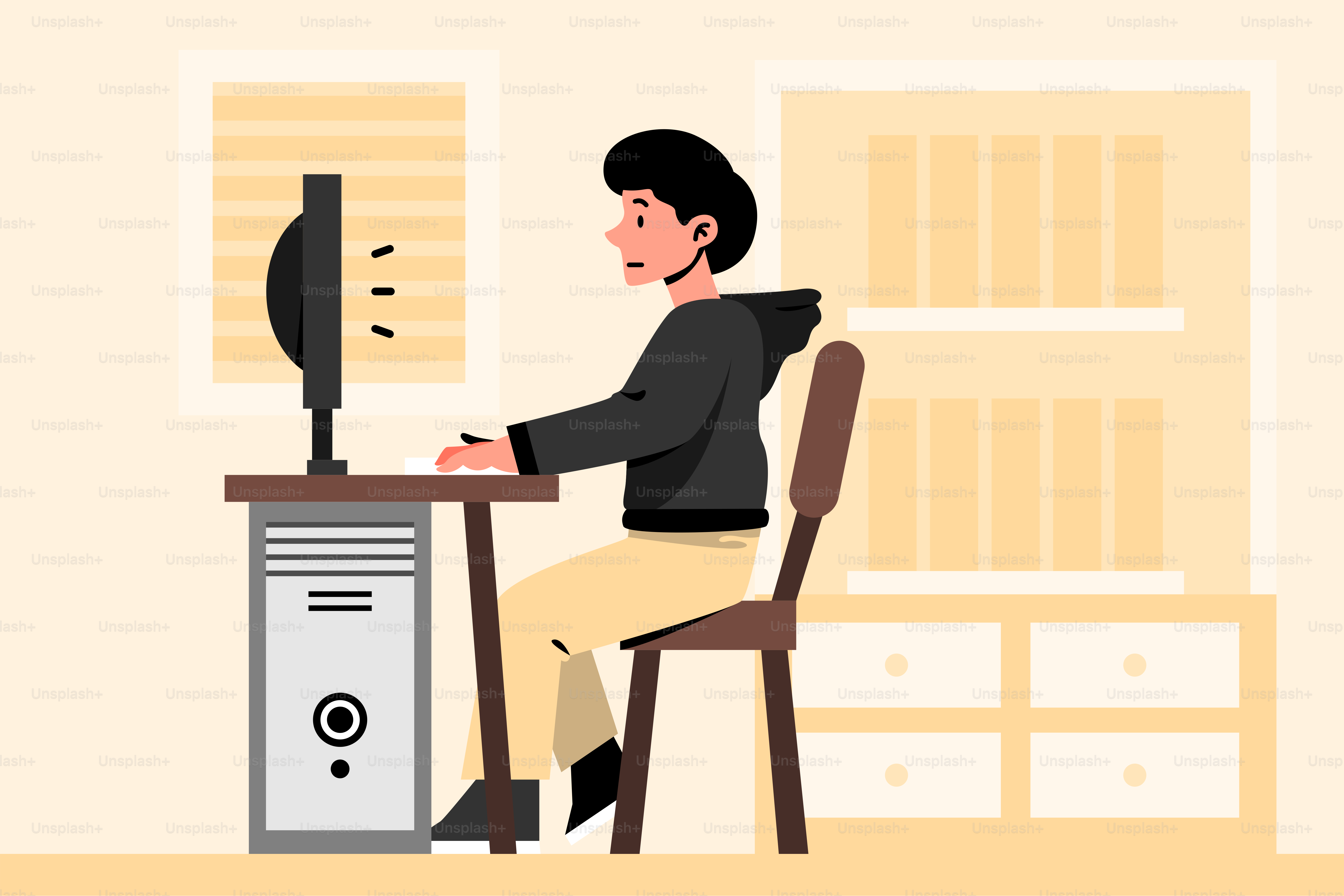 Una persona sentada en un escritorio con una computadora vector ...