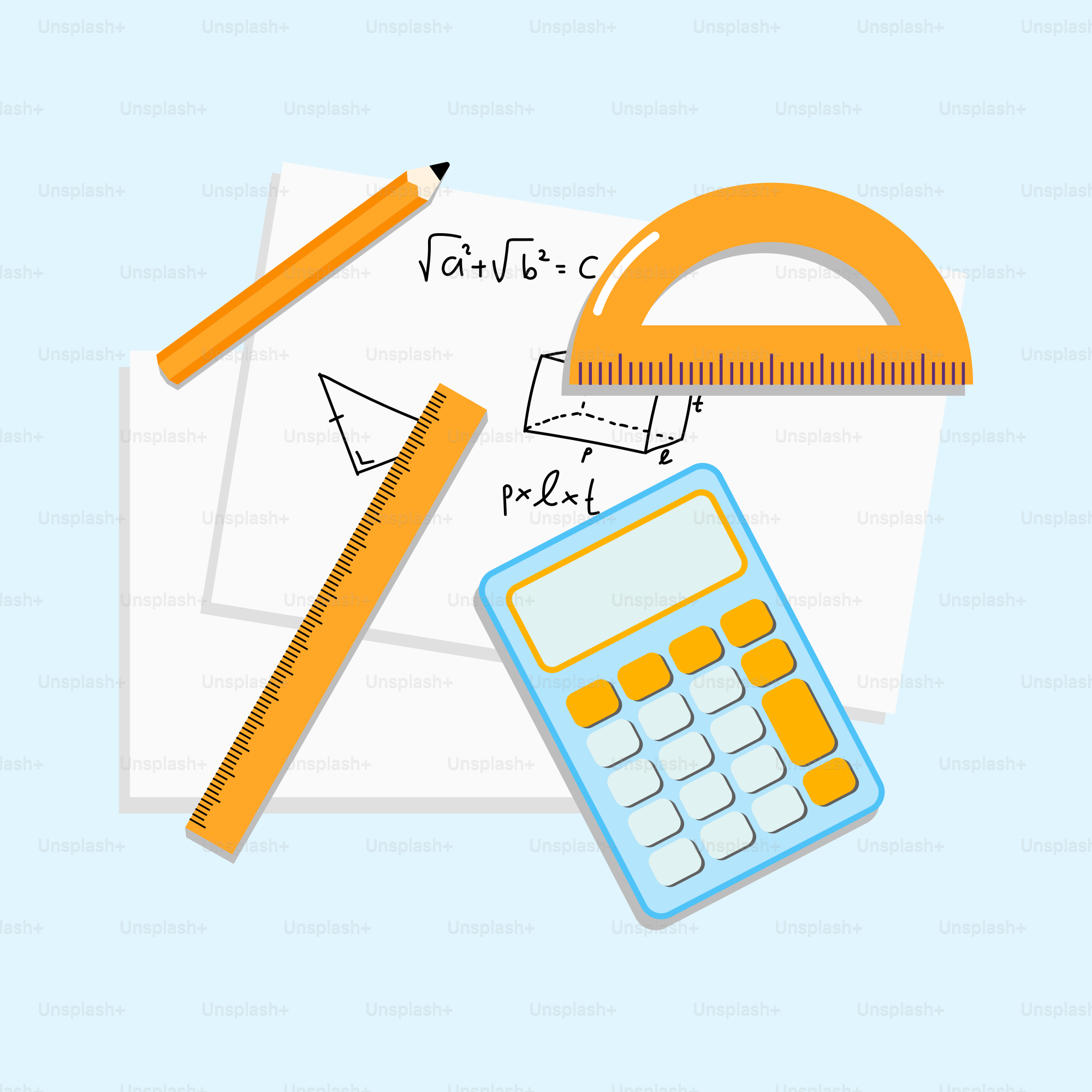 A calculator, pencil, ruler, and paper on a blue background vector ...