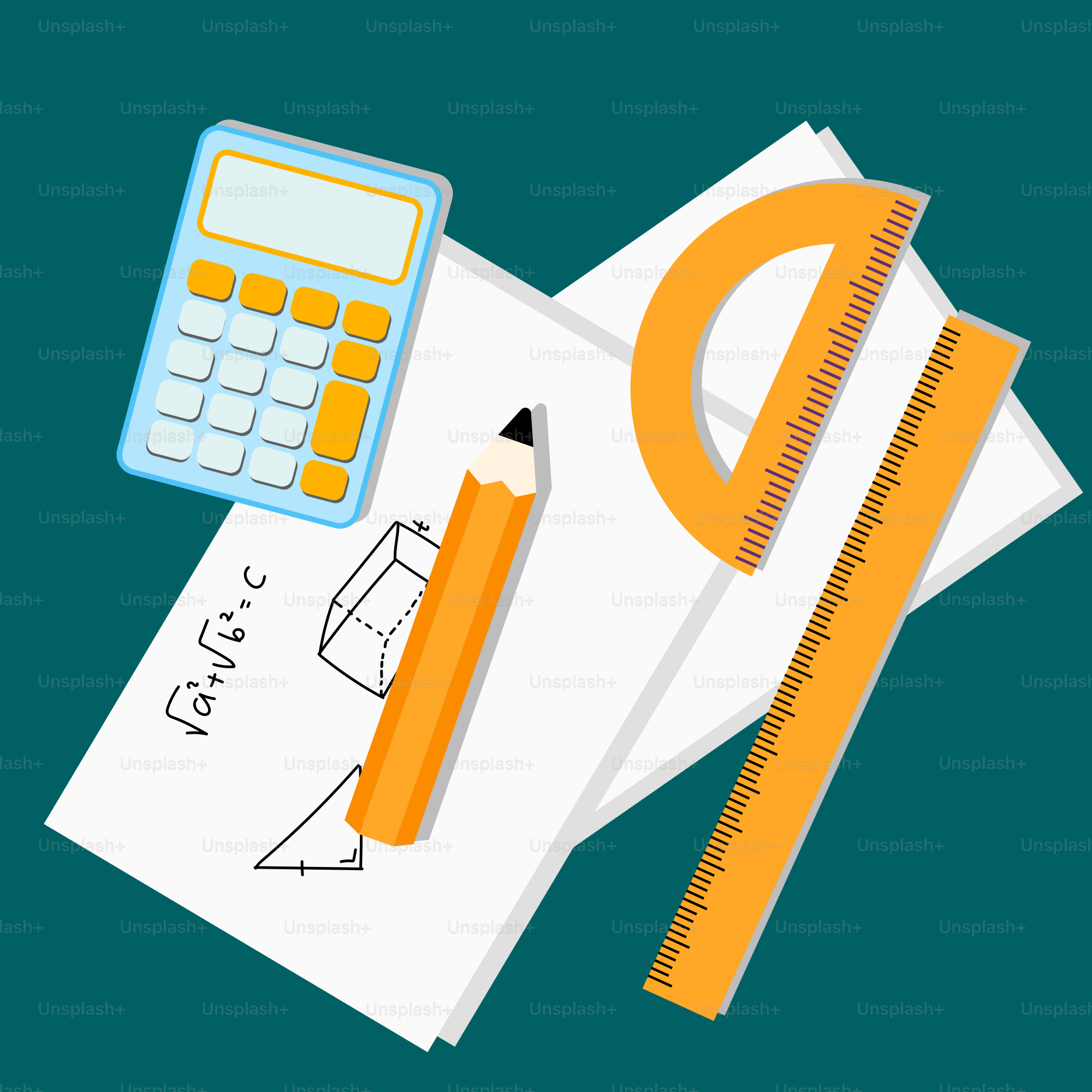 A calculator, pencil, ruler, and paper on a blue background vector ...