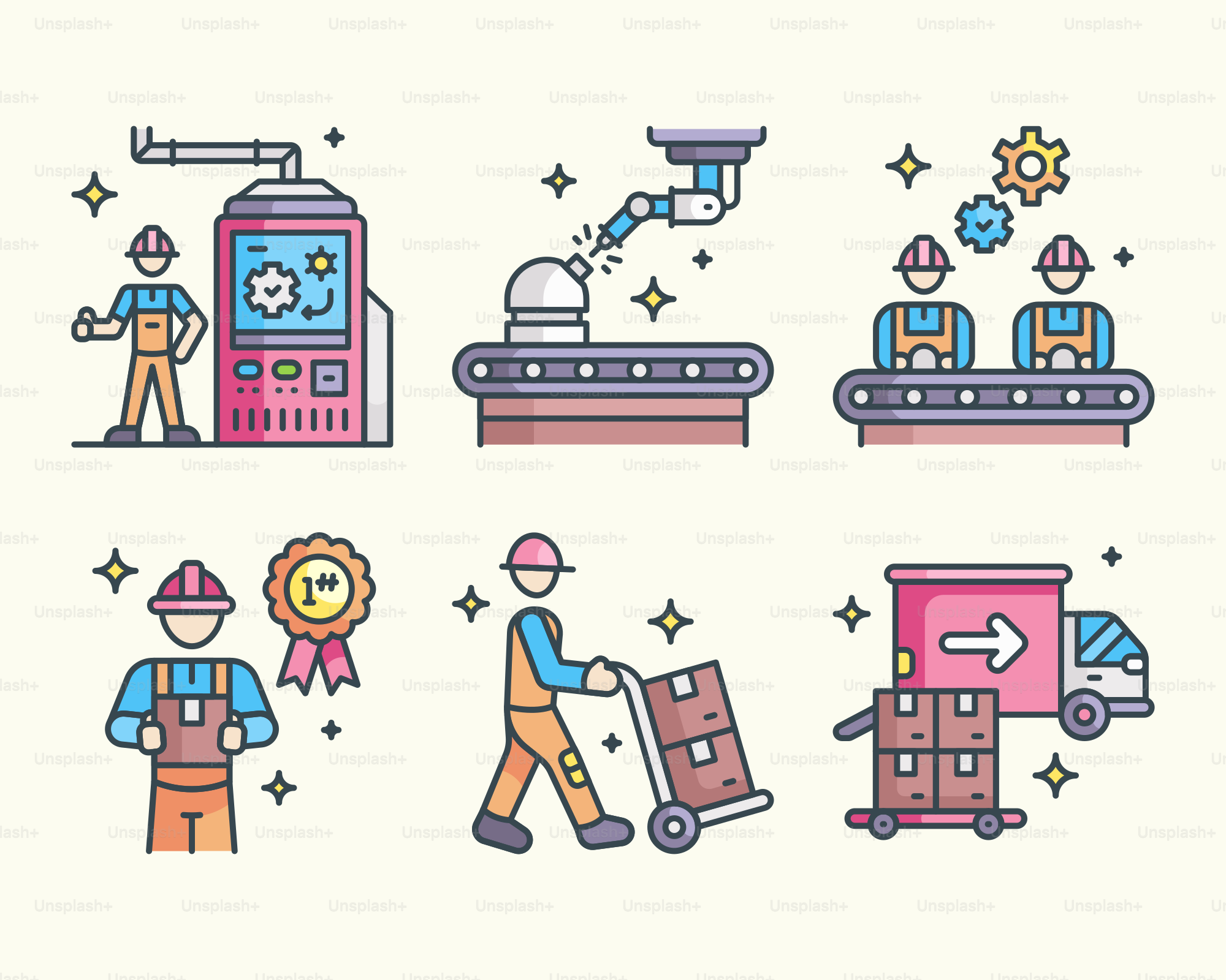A set of pixelistic icons of people working in a factory vector ...