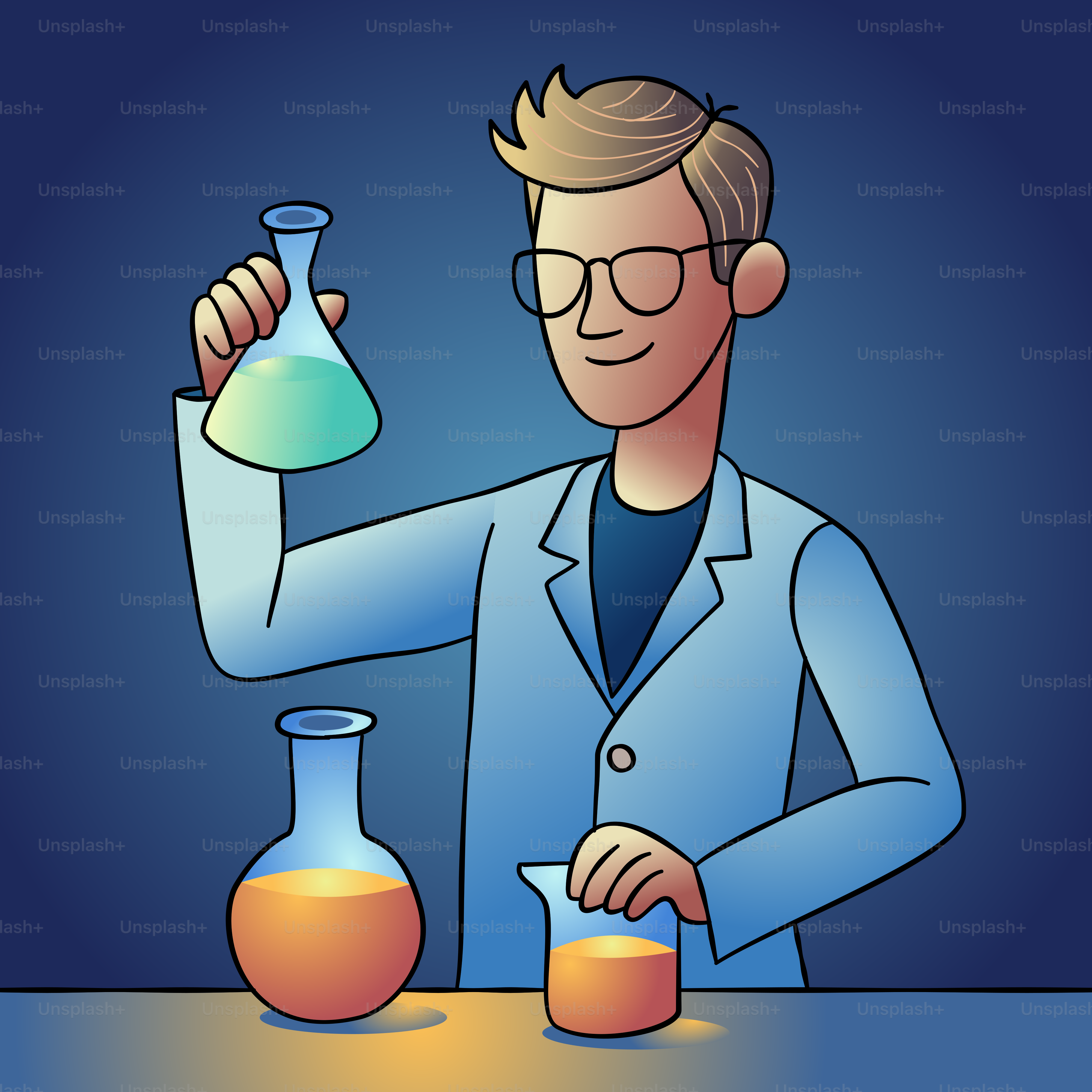 A man in a lab coat holding a flask of liquid vector – Experiment Image ...