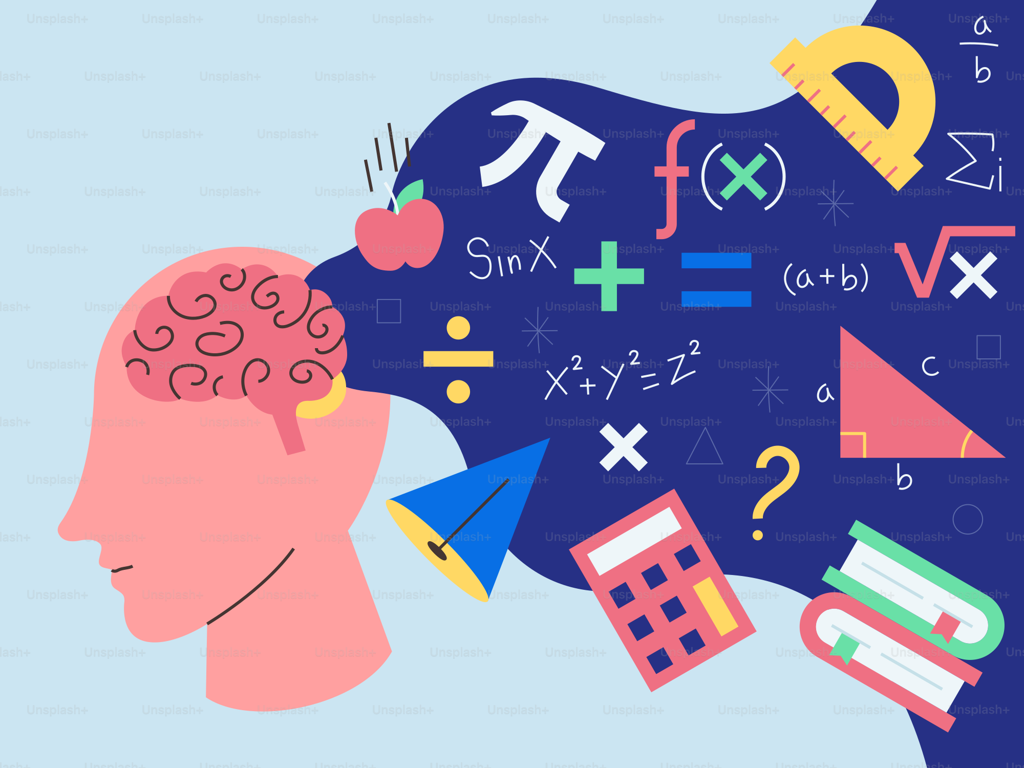 A person's head with a lot of math symbols coming out of it vector ...