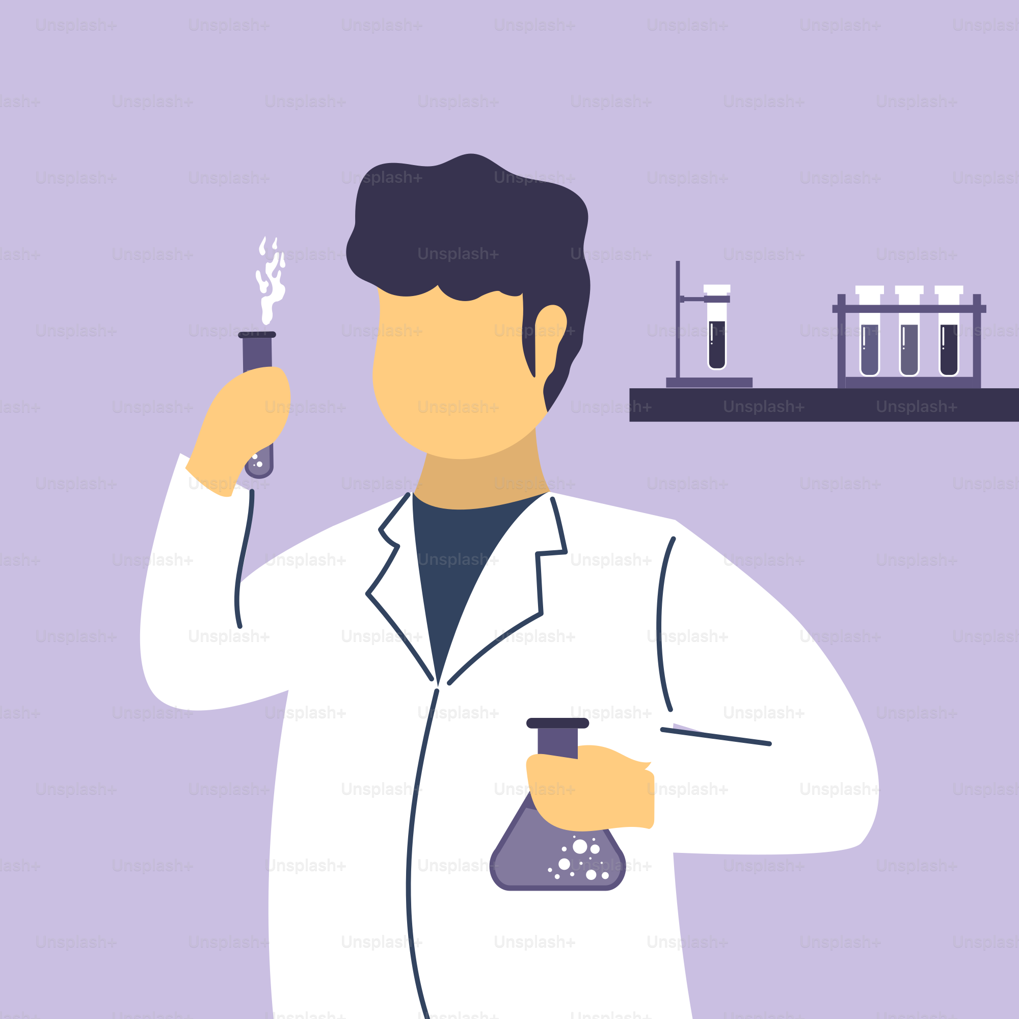 Un hombre con una bata de laboratorio sosteniendo un frasco vector ...