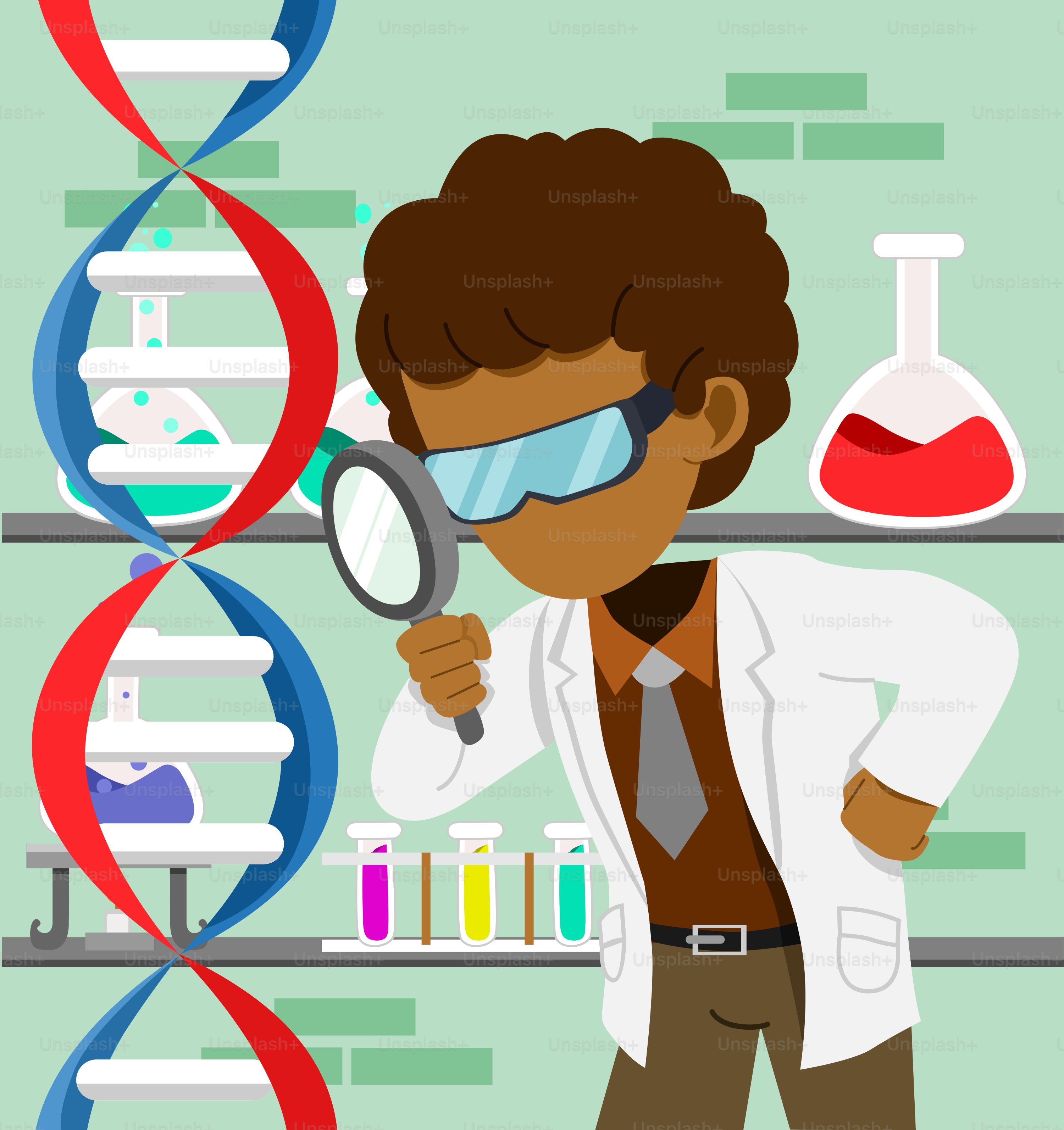 Un hombre con bata de laboratorio mirando a través de una lupa vector ... Un hombre con bata de laboratorio mirando a través de una lupa vector ...