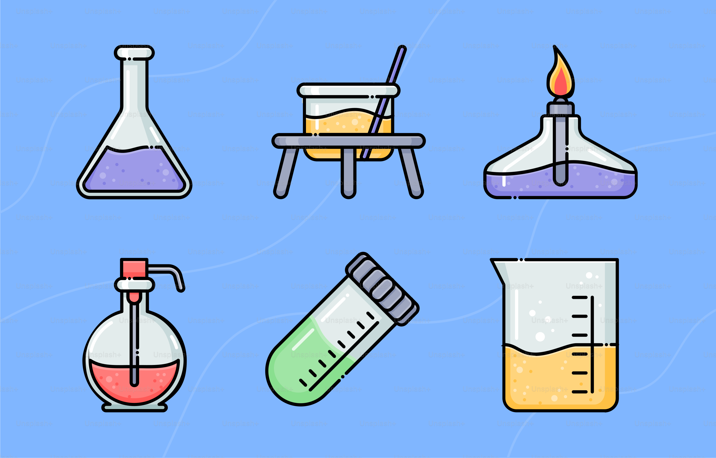 A blue background with different types of science equipment vector ...