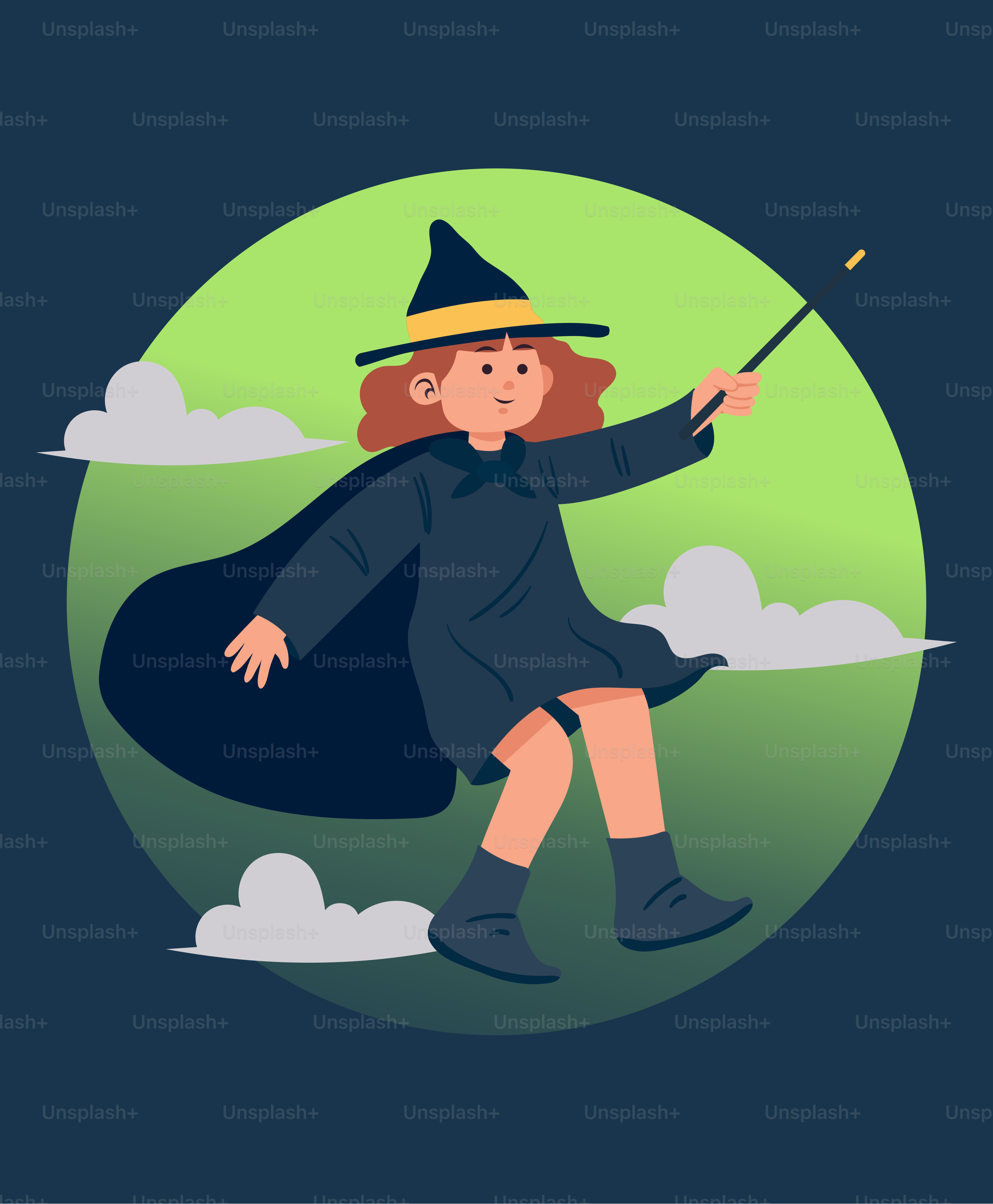 Una niña vestida de mago volando en una escoba vector – Imagen de ...