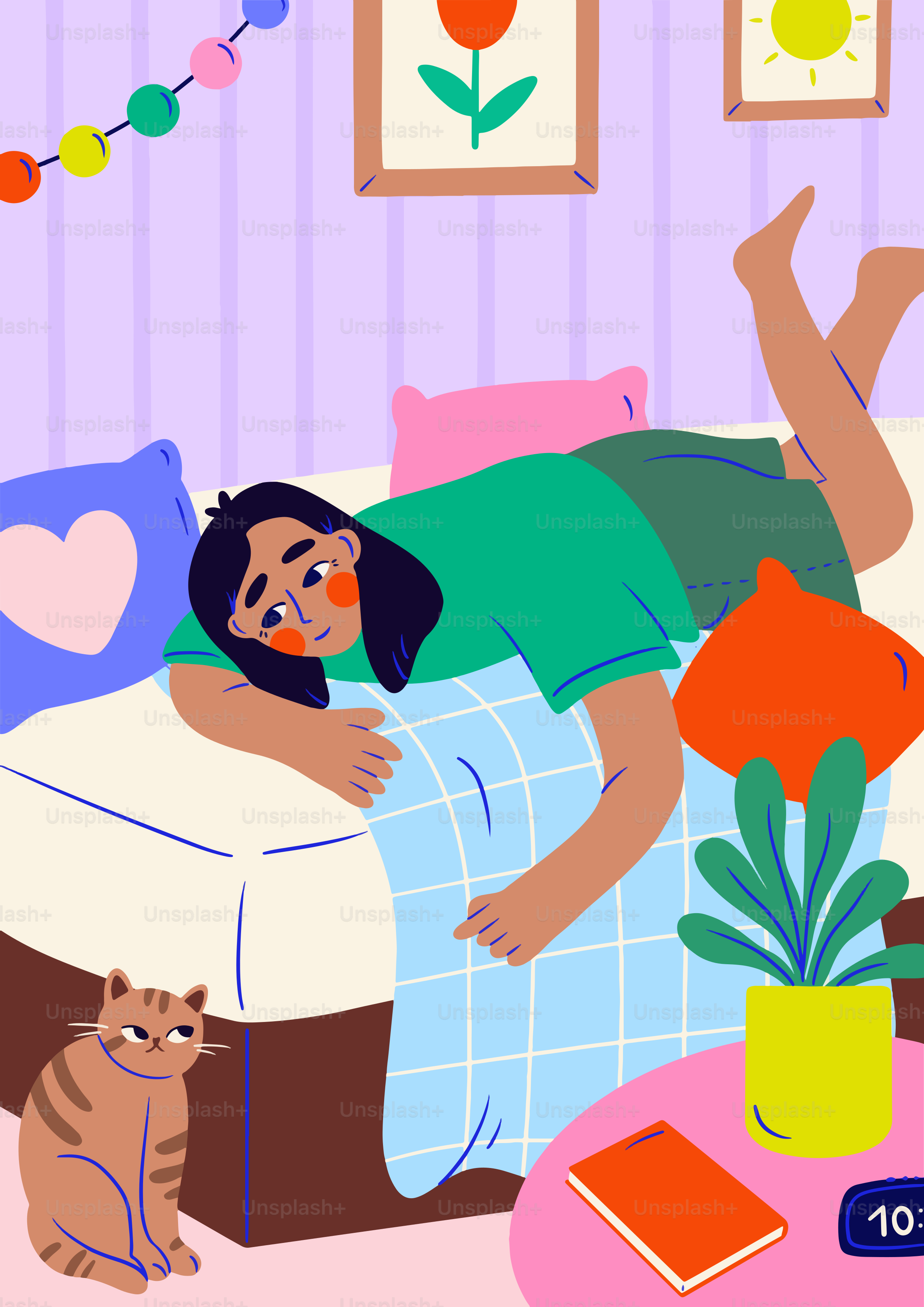 Una persona acostada en una cama con un gato vector – Imagen de Vector ...