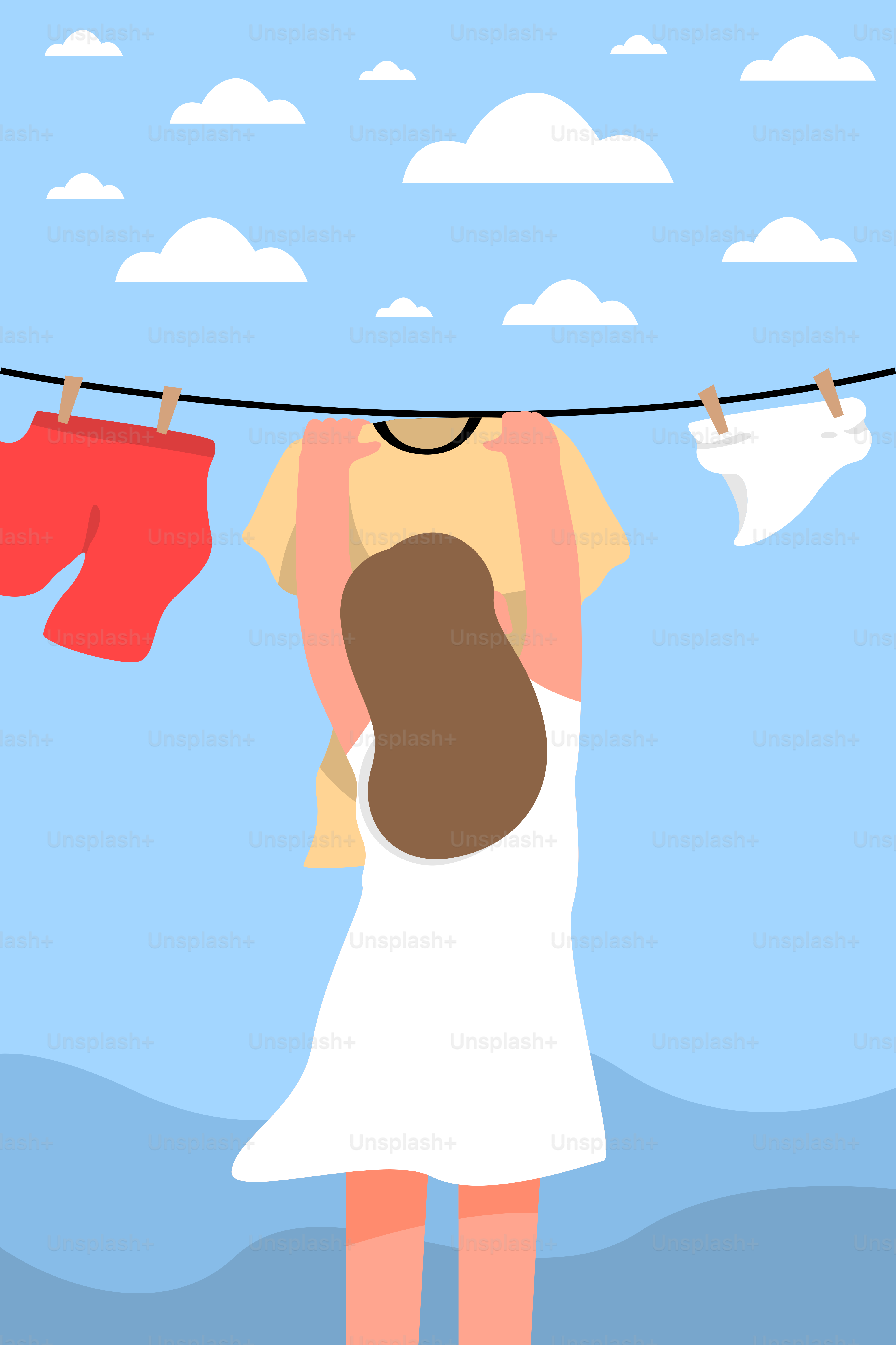 Una mujer tendiendo ropa en un tendedero vector – Imagen de Vector en ...