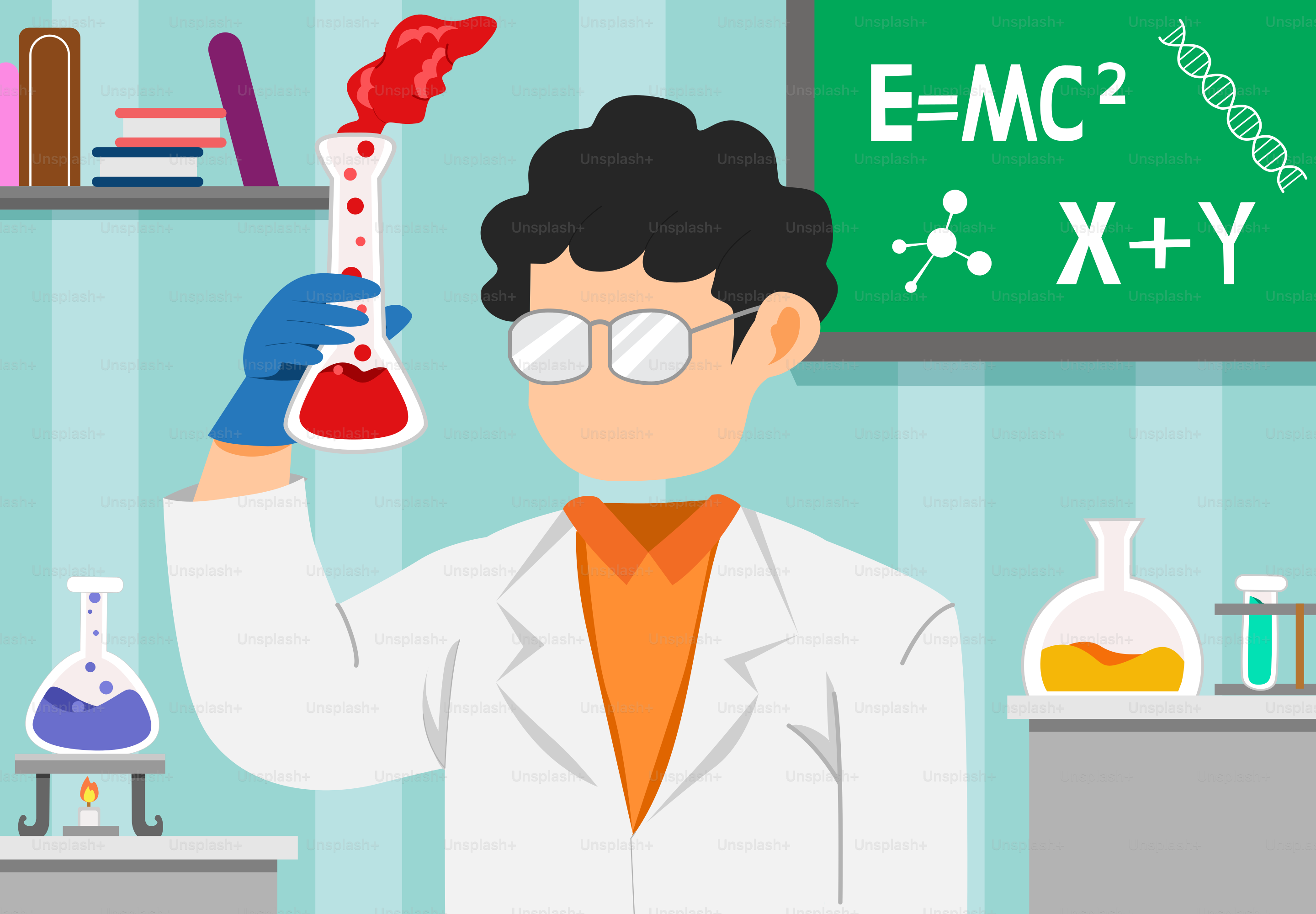 Vektor Seorang pria berjas lab berdiri di depan papan tulis – Gambar ...