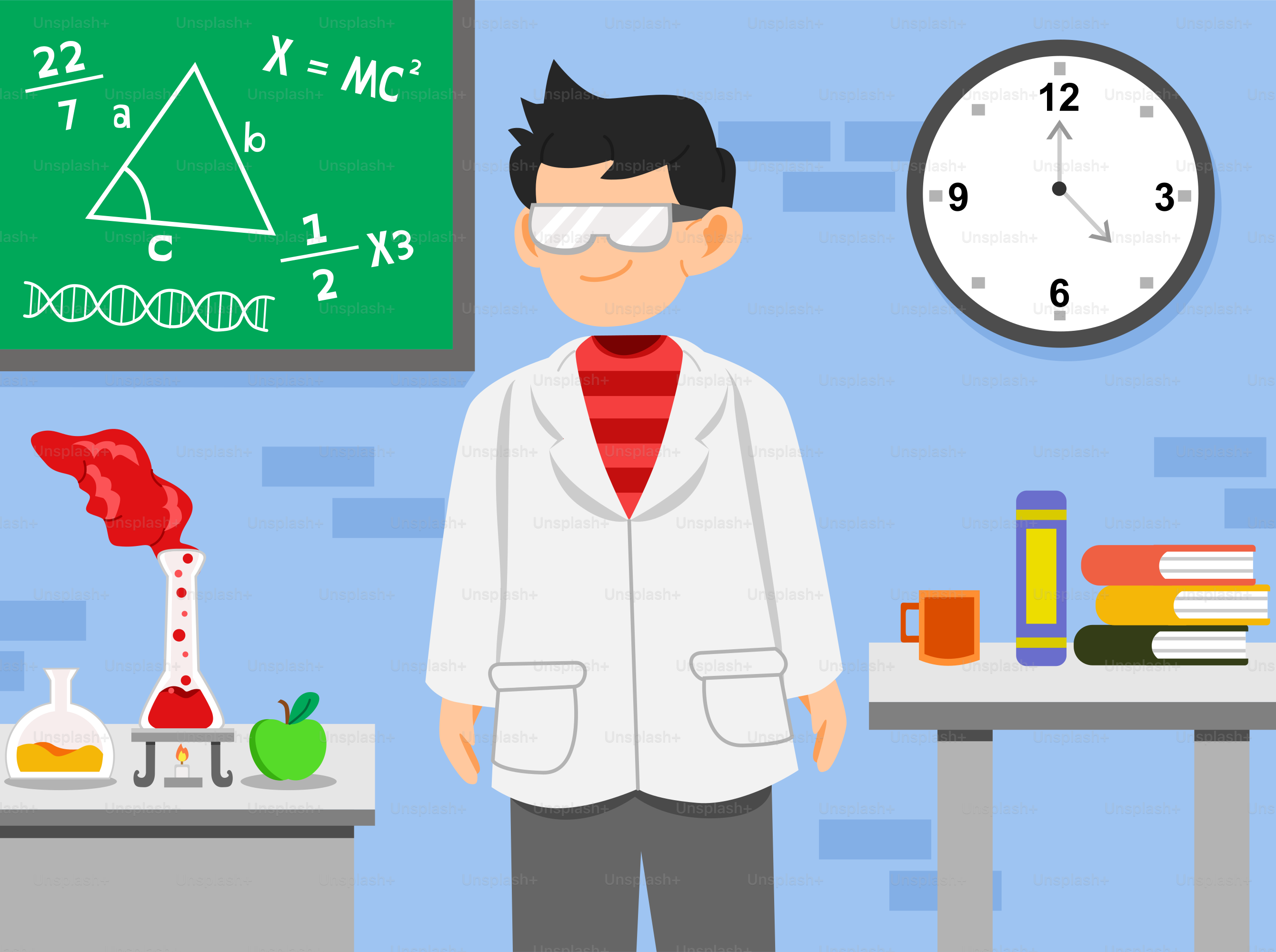 Vektor Seorang pria berjas lab berdiri di depan papan tulis – Gambar ...