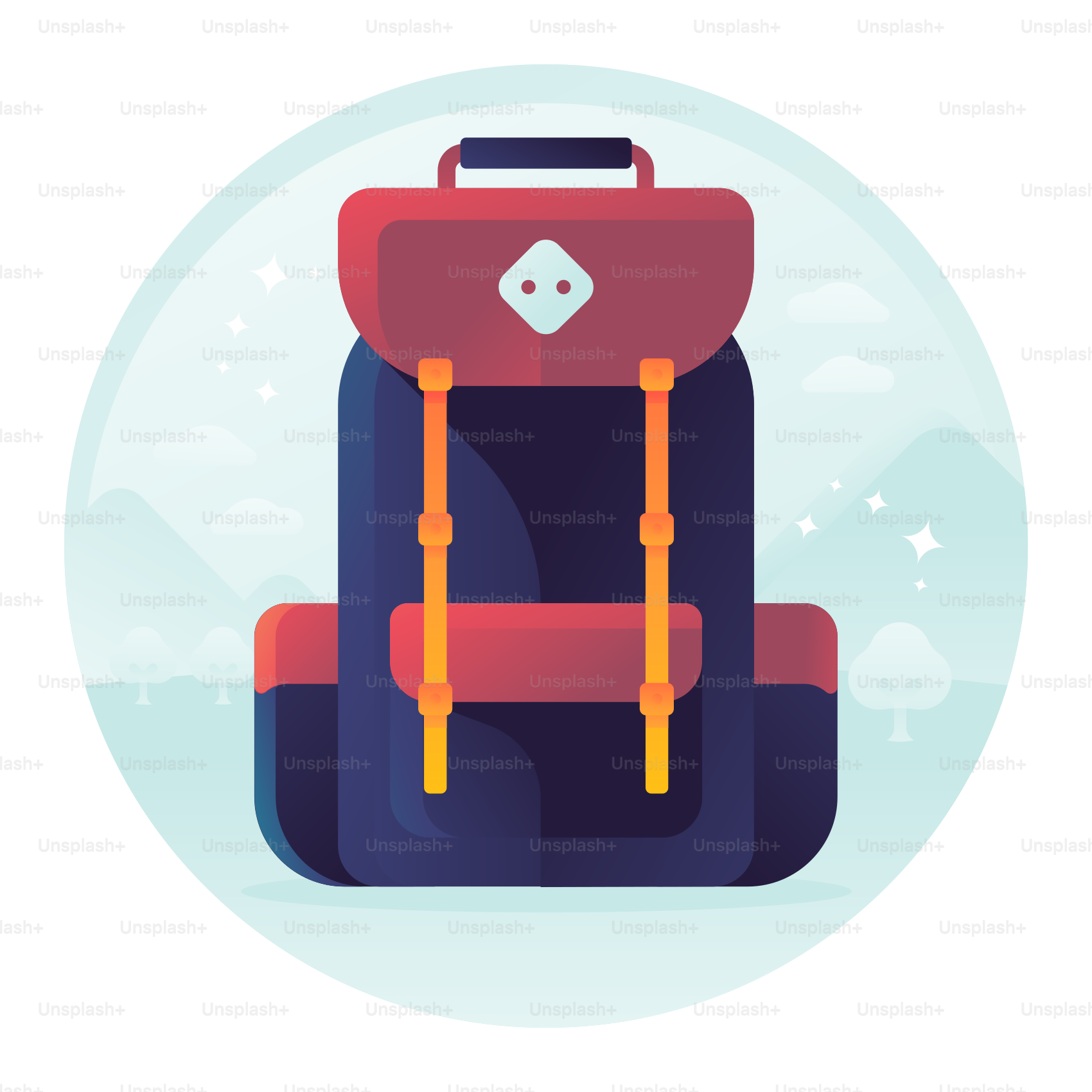 A backpack is shown in a circle on a white background vector ...