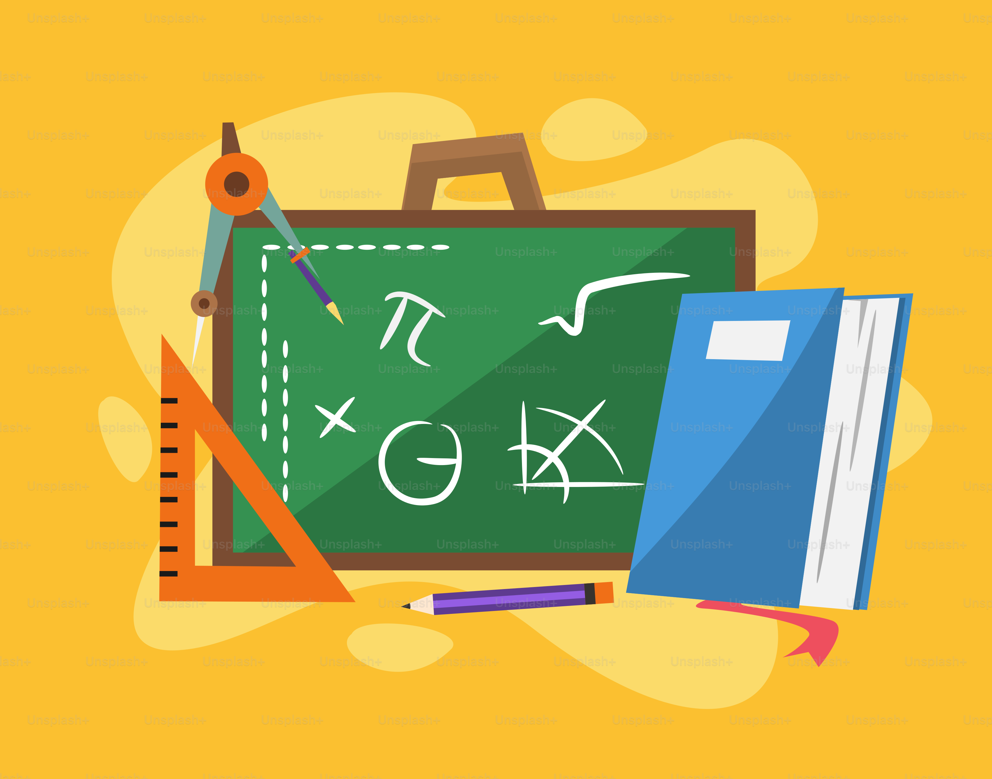 A blackboard with a book, pencils, and a pair of scissors vector ...