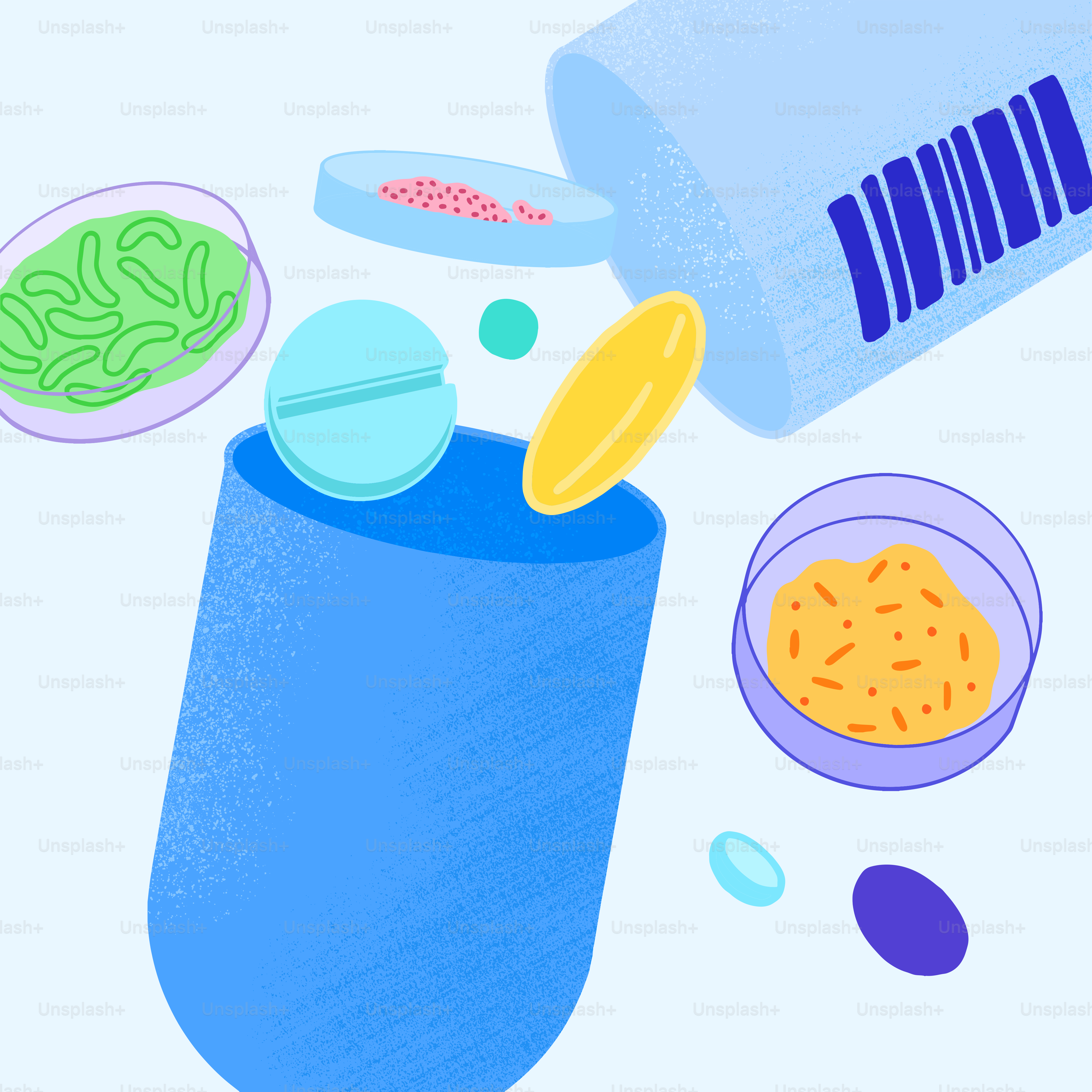 A cartoon of a pill bottle pouring pills into a container vector ...