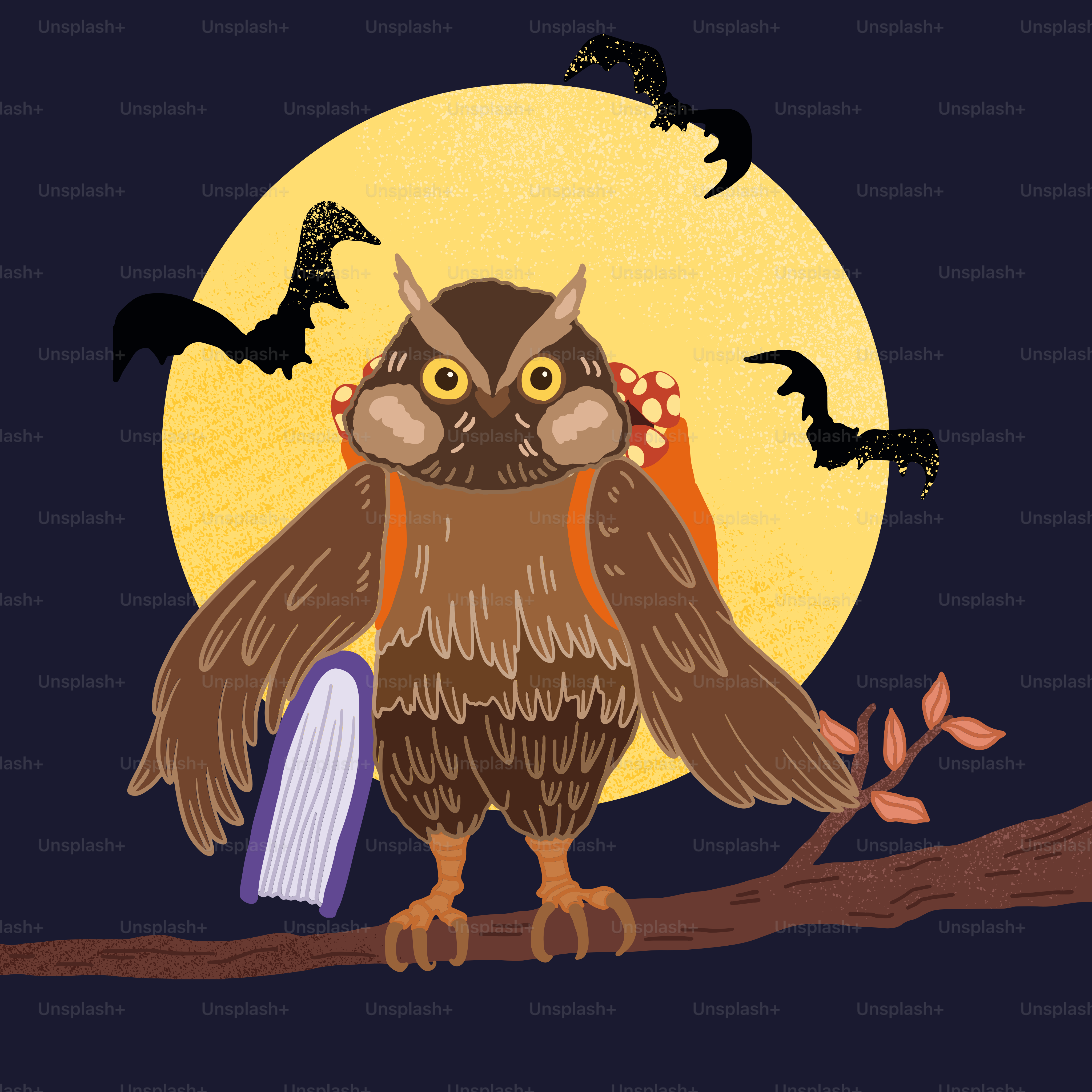 An owl sitting on a branch with bats flying around vector – Owl Image ...