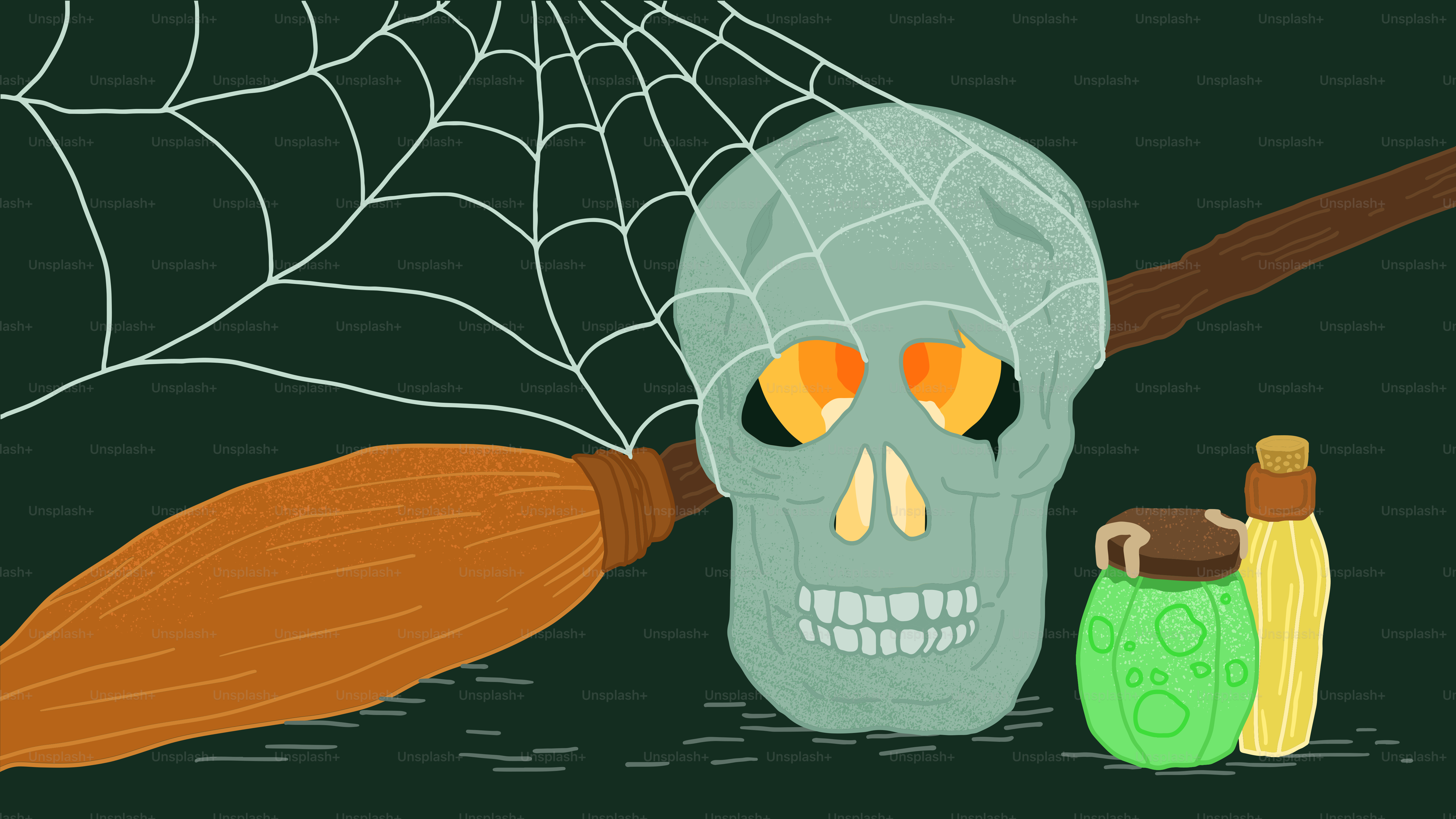 A halloween scene with a skull and a broom vector – Illustration Image ...