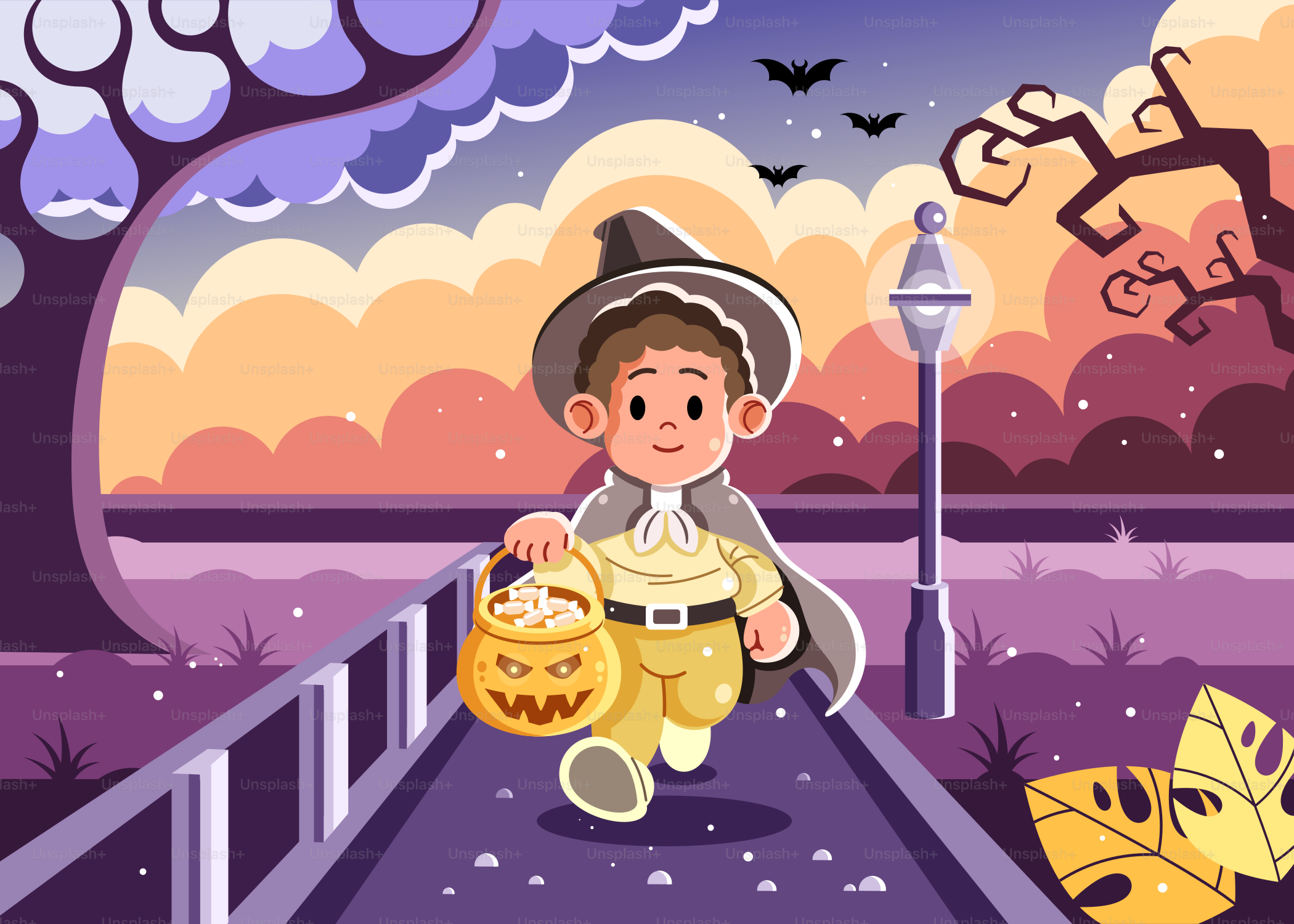 Un niño y una niña sentados en una valla con calazones de calabaza ...