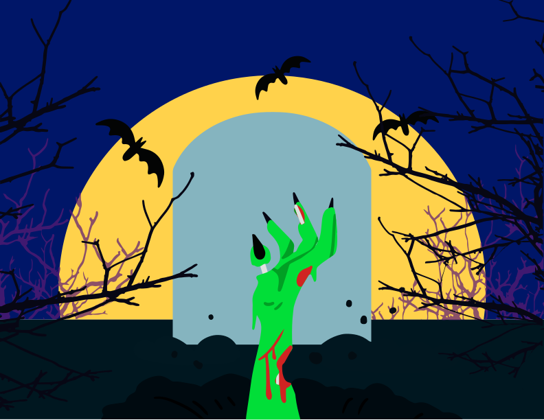 A spooky zombie hand reaching for a spooky bat in front of vector ...