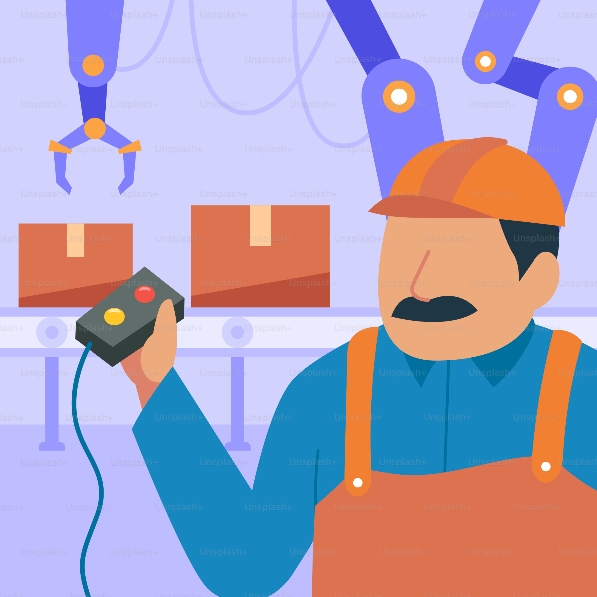 A man in an orange apron holding a remote control vector – Machine ...