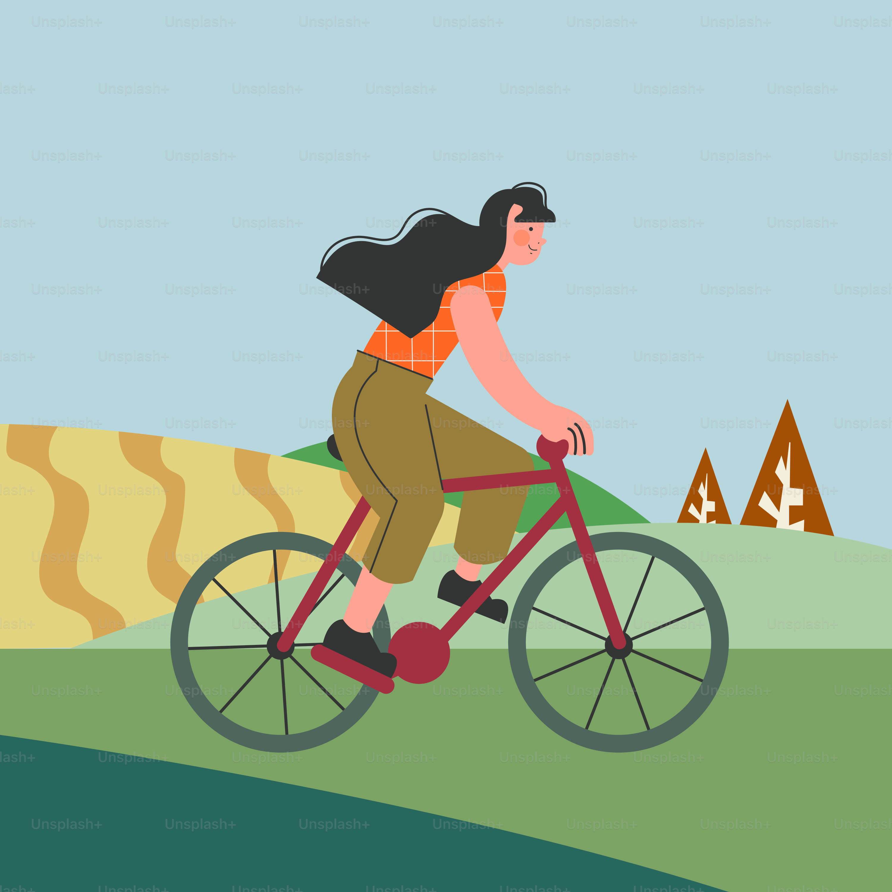 Una mujer bajando una colina en bicicleta vector – Imagen de Vector en ...