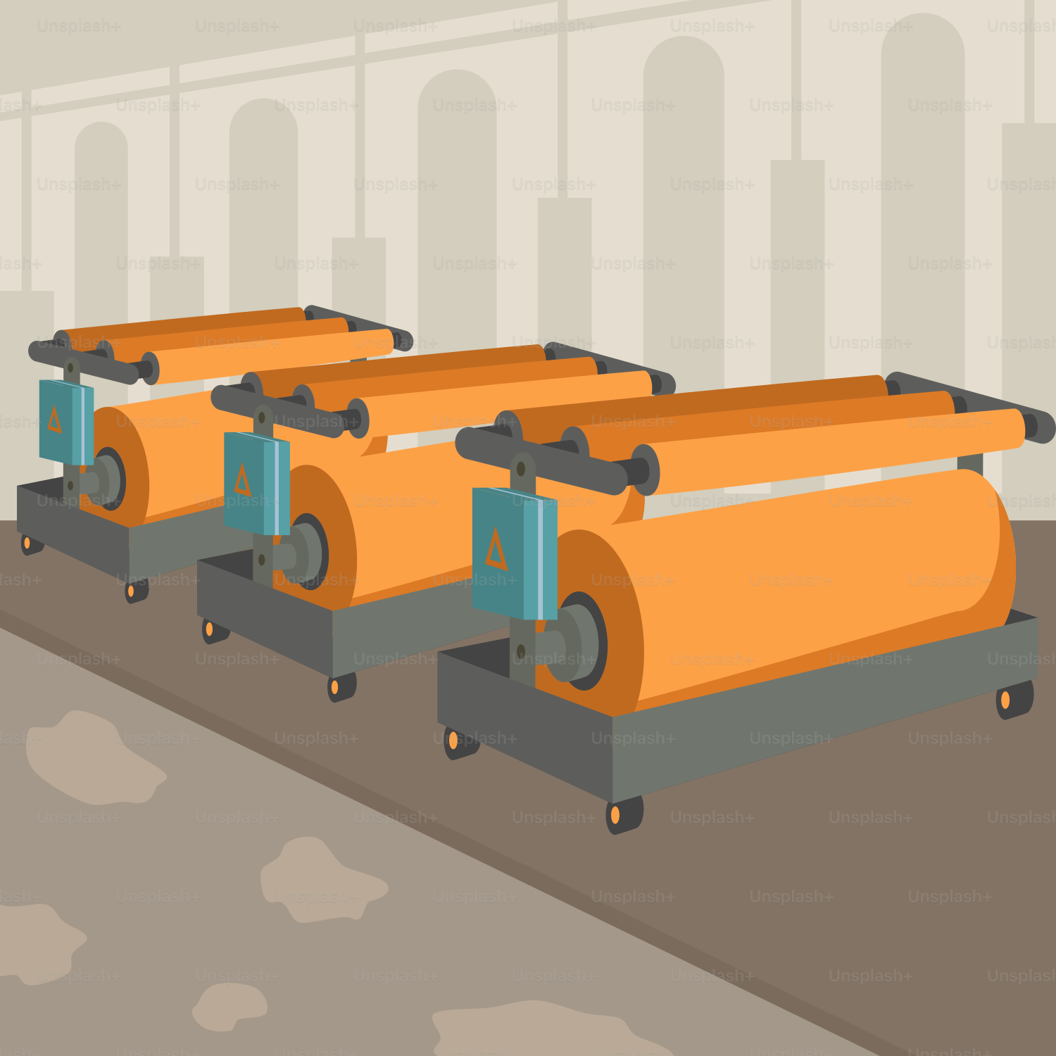 A row of orange cylinders sitting on top of a floor vector – Production ...